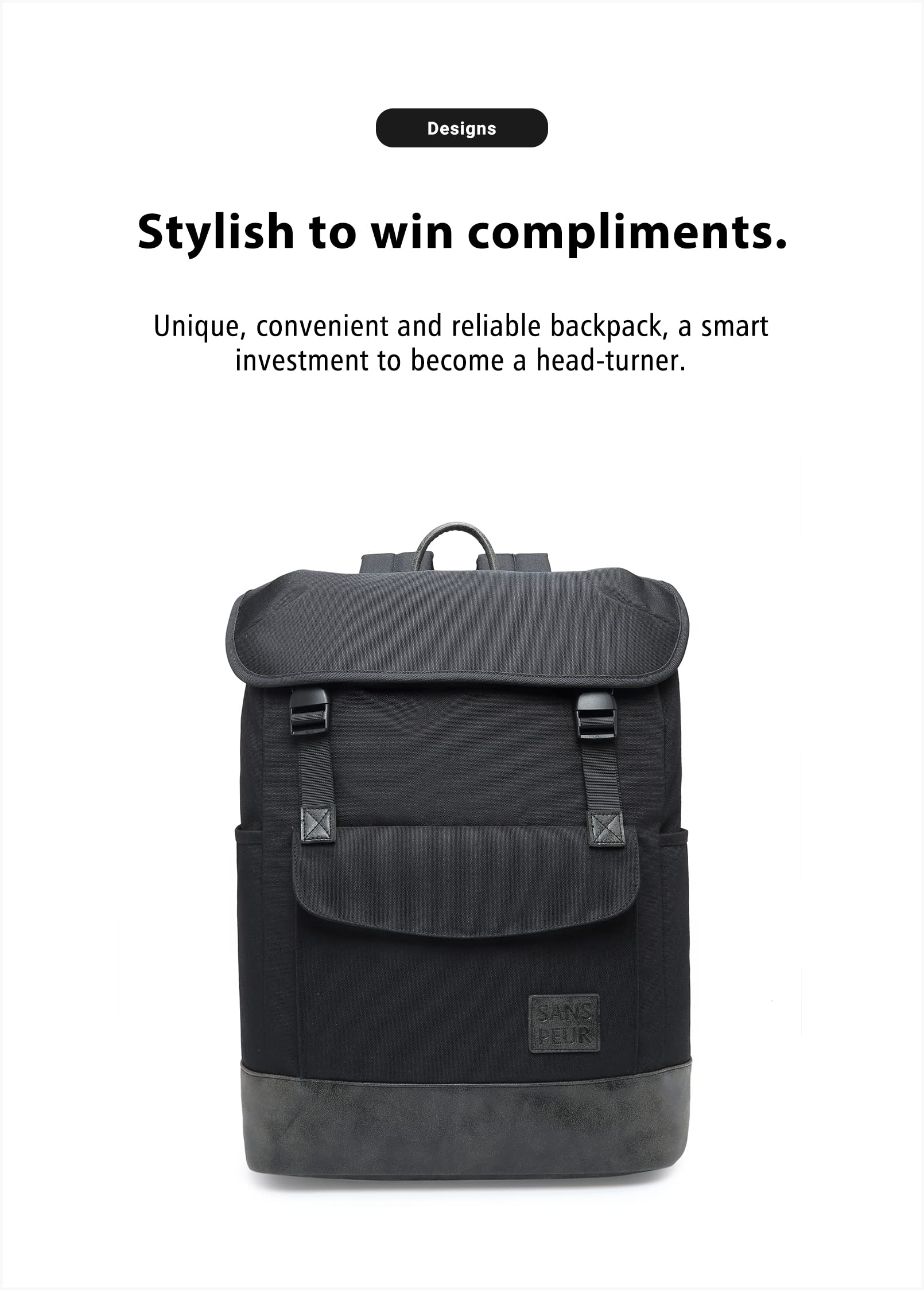 SansPeur FERDA Backpack, Casual Back Pack with Laptop Sleeve, designed for Work, Travel, School & College, Black