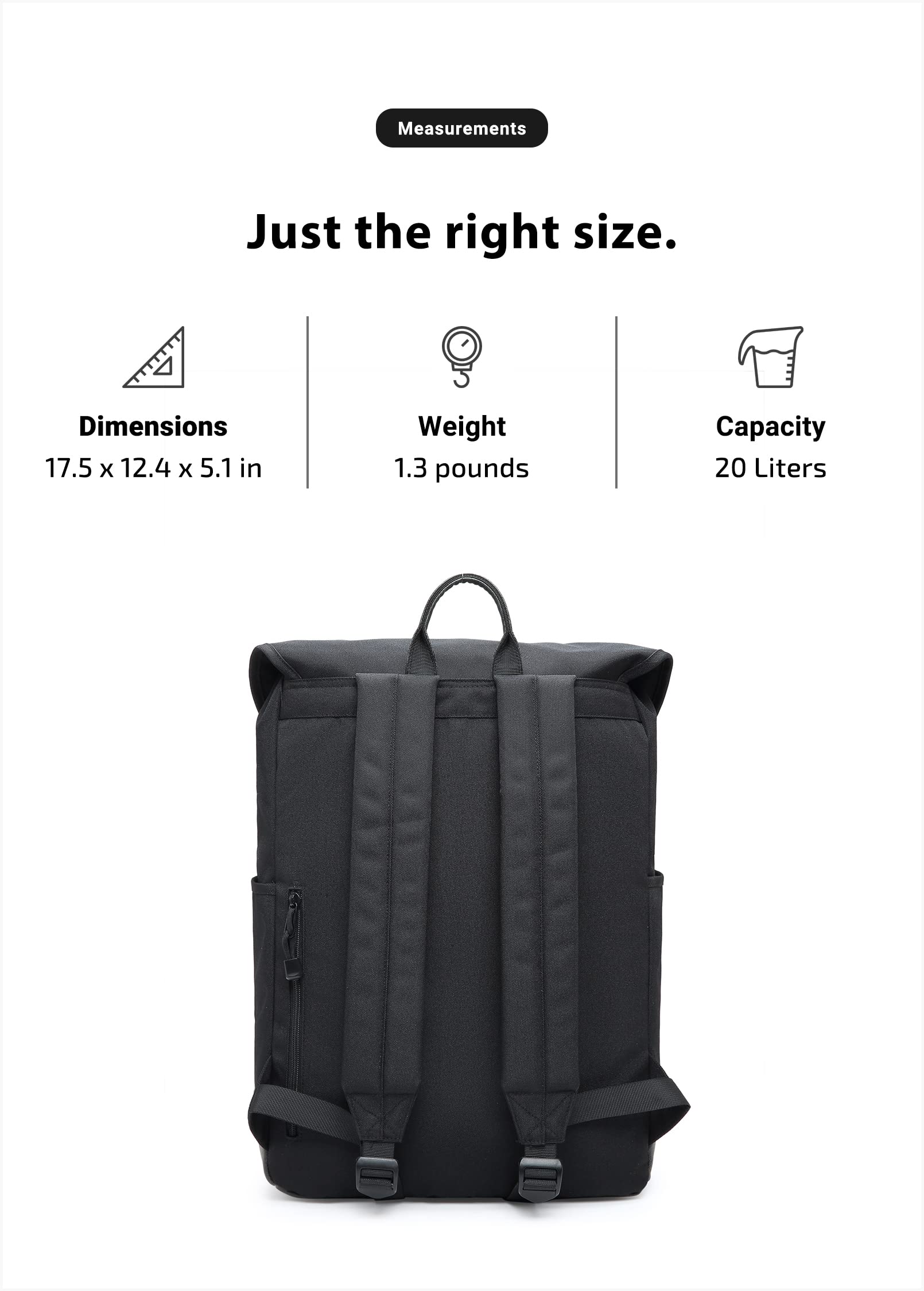 SansPeur FERDA Backpack, Casual Back Pack with Laptop Sleeve, designed for Work, Travel, School & College, Black