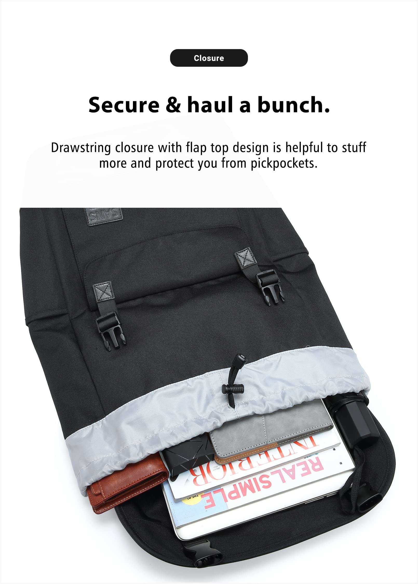 SansPeur FERDA Backpack, Casual Back Pack with Laptop Sleeve, designed for Work, Travel, School & College, Black