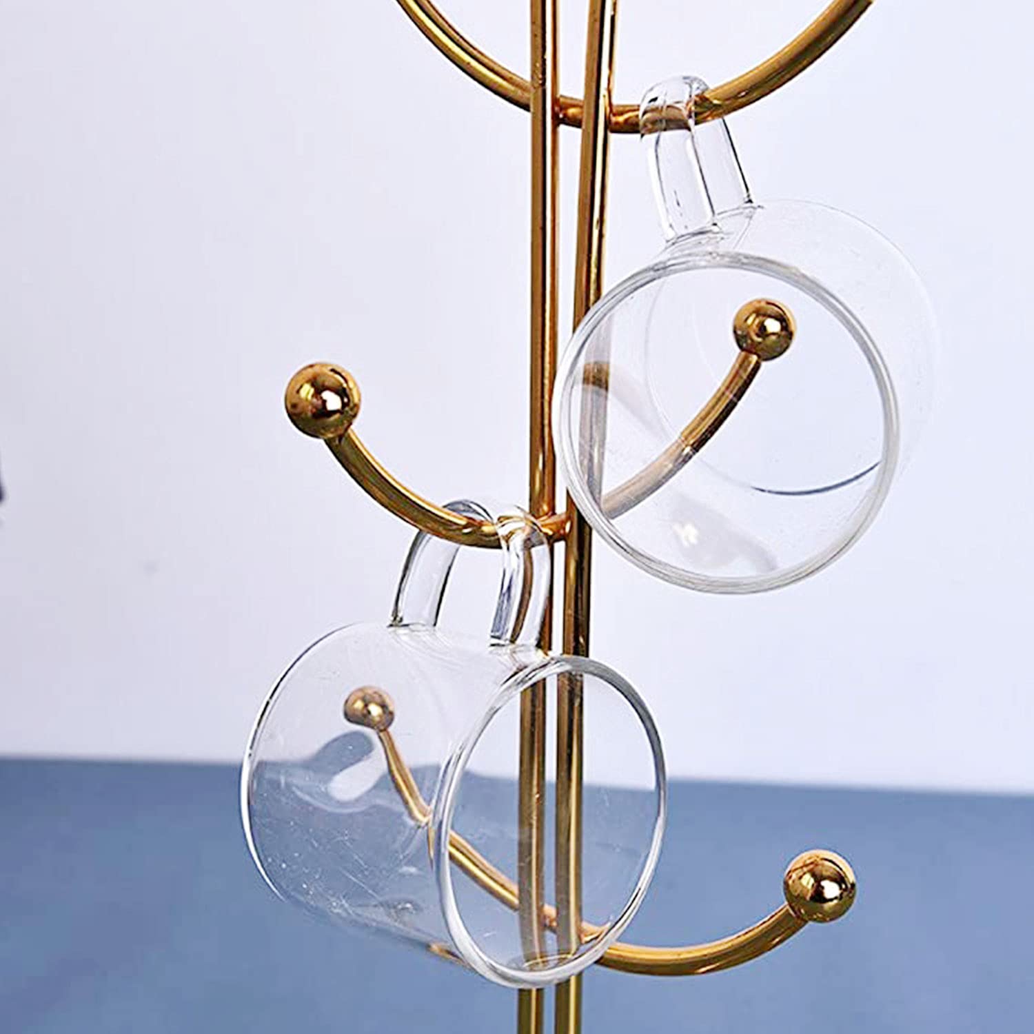6-Mug Holder, Kitchen Mug , Coffee Mugs & Teacup Storage Rack, Coffee Counter Bar Accessory & Kitchen Countertop Organizer, Gold