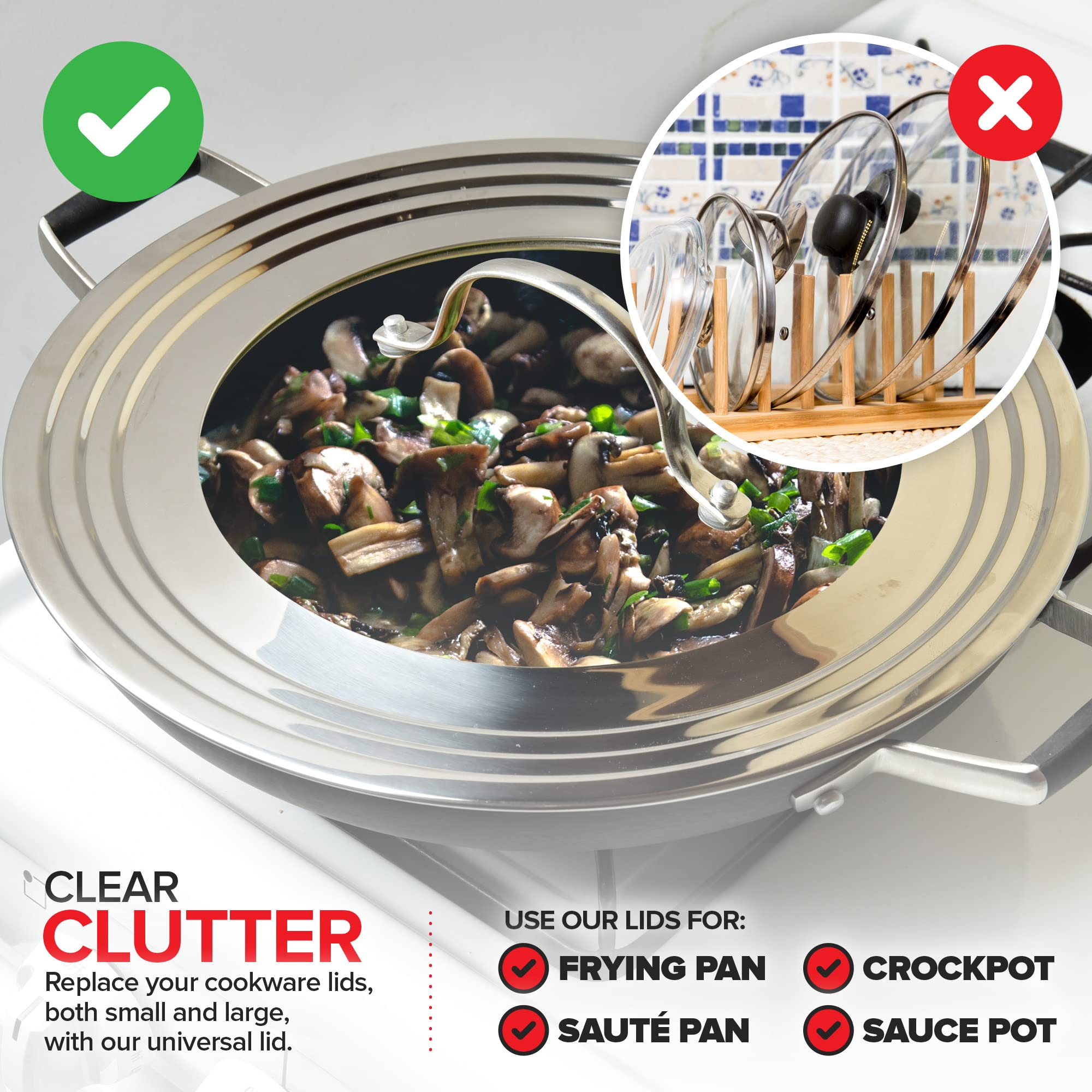 Modern Innovations Universal Lid with Tempered Glass Top for Pots & Pans, Fits 8.25, 9, 10, 11, and 12 Inch Cookware - Large Replacement Frying Pan Cover, Cast Iron Skillet Lids - Stainless Steel