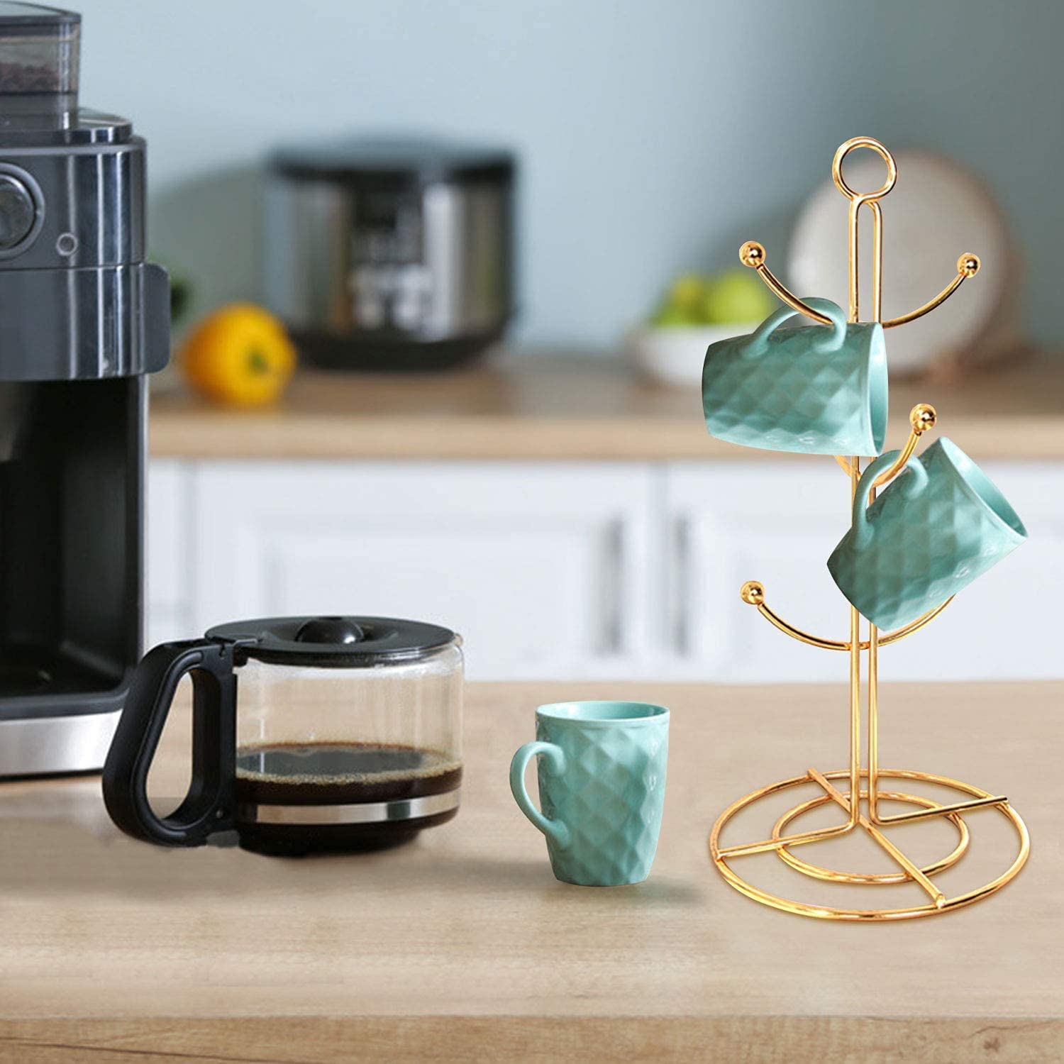 6-Mug Holder, Kitchen Mug , Coffee Mugs & Teacup Storage Rack, Coffee Counter Bar Accessory & Kitchen Countertop Organizer, Gold
