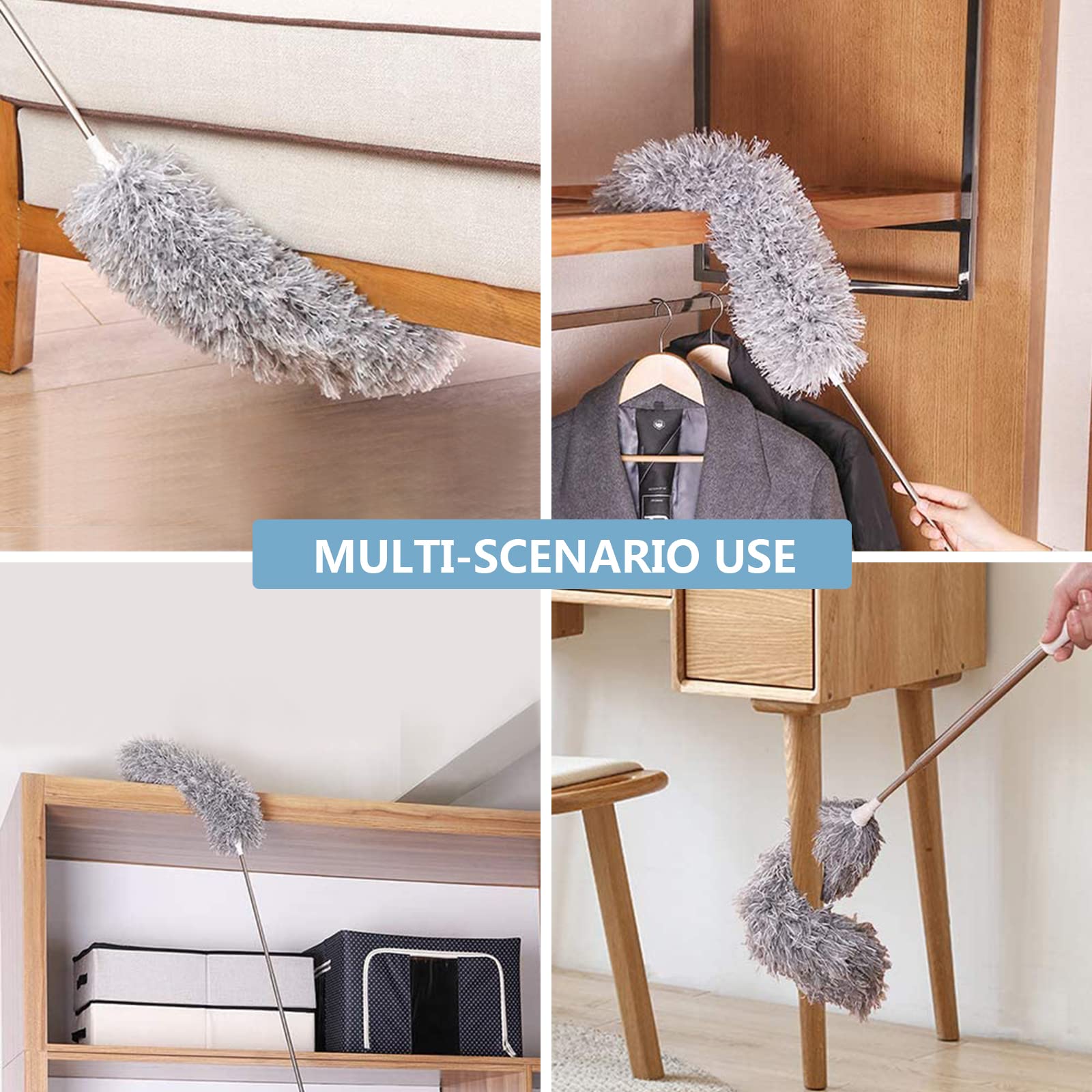 Microfiber Duster with Extension Pole(Stainless Steel) 30 to 100'', with Bendable Head, Extendable Long Duster for Cleaning Ceiling Fan, High Ceiling, Keyboard, Furniture Cars
