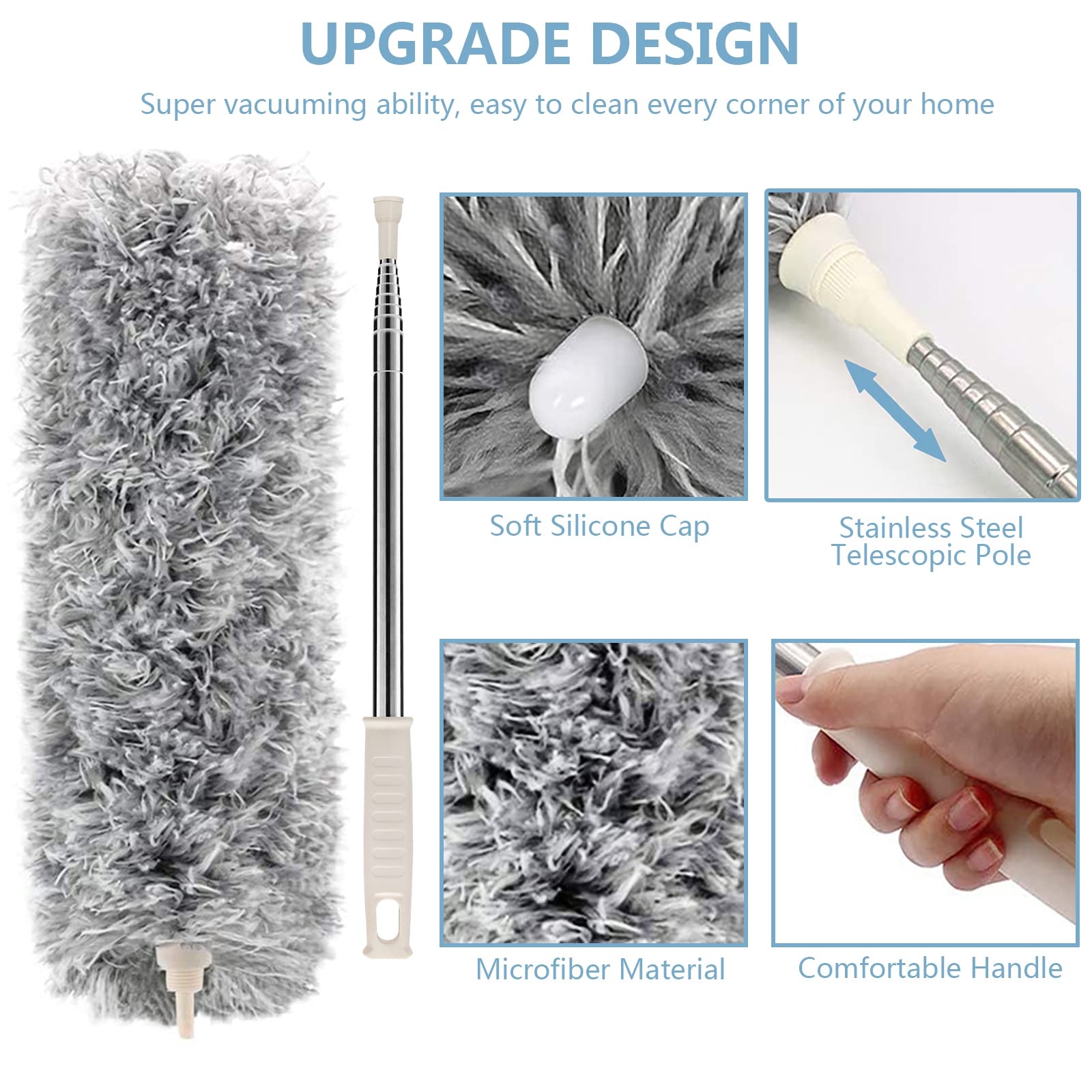 Microfiber Duster with Extension Pole(Stainless Steel) 30 to 100'', with Bendable Head, Extendable Long Duster for Cleaning Ceiling Fan, High Ceiling, Keyboard, Furniture Cars