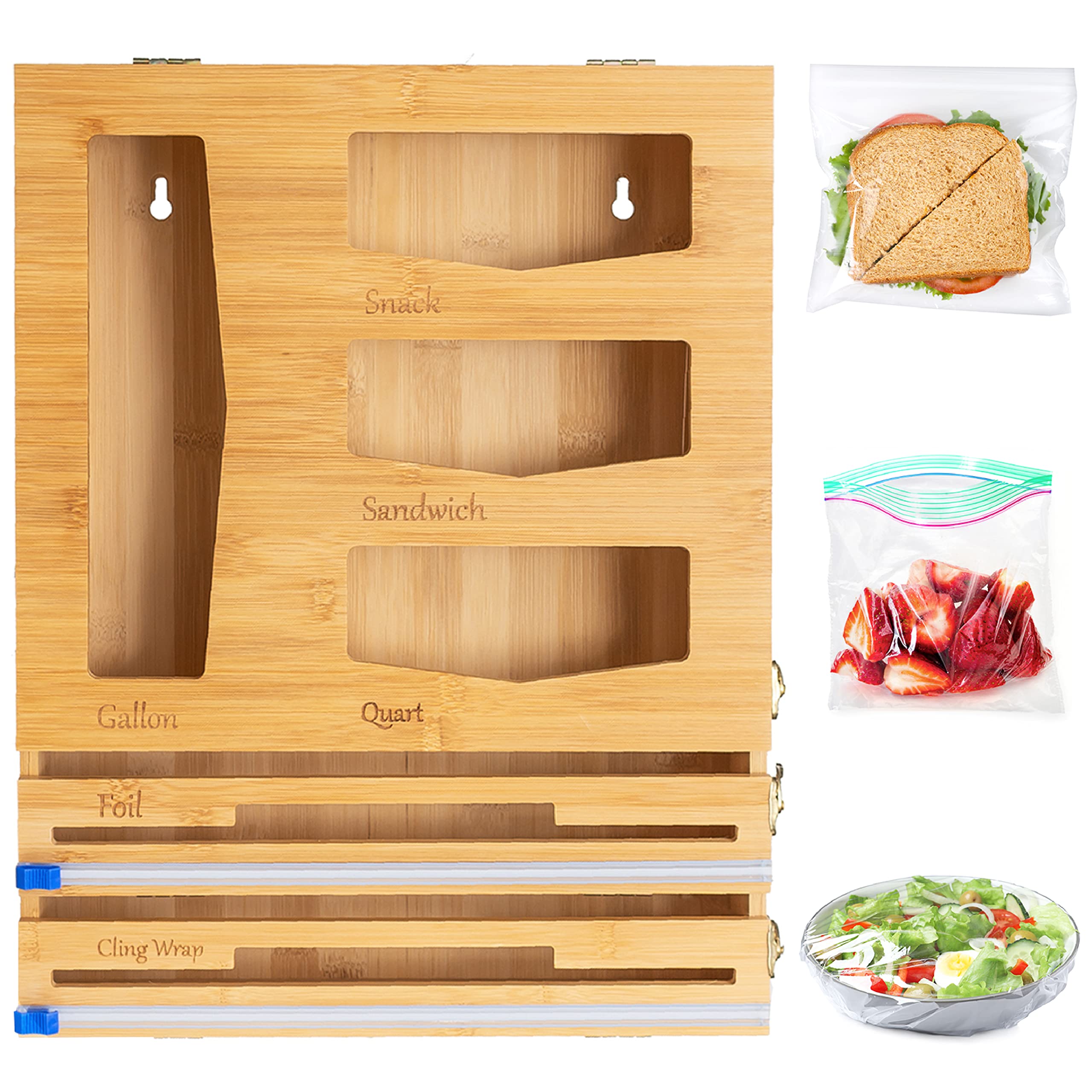 Plastic Wrap Dispenser with Cutter and Ziplock Bag Organizer, 6 IN 1 Bamboo Foil and Plastic Wrap Organizer For Kitchen Drawer, Ziplock Bag Storage Organizer for Gallon,Quart,Sandwich,Snack