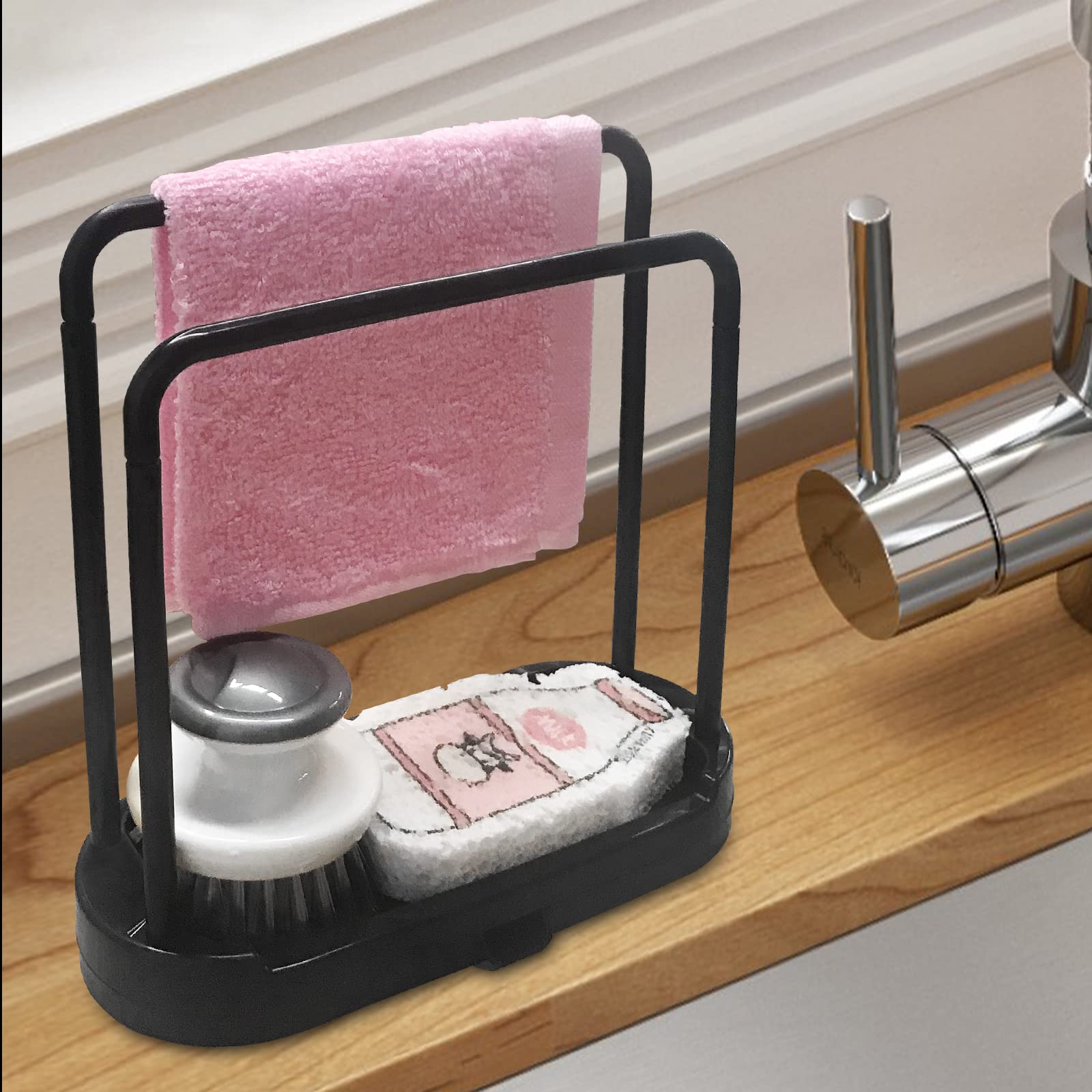 3 in 1 Sponge Holder Sink Caddy, Dish Cloth Hanger + Soap Rack + Sink ,with Drain Pan, for Kitchen Sink or Bathroom Storage,Sponge Brush Soap Dish Dishcloth RackStopper Holder