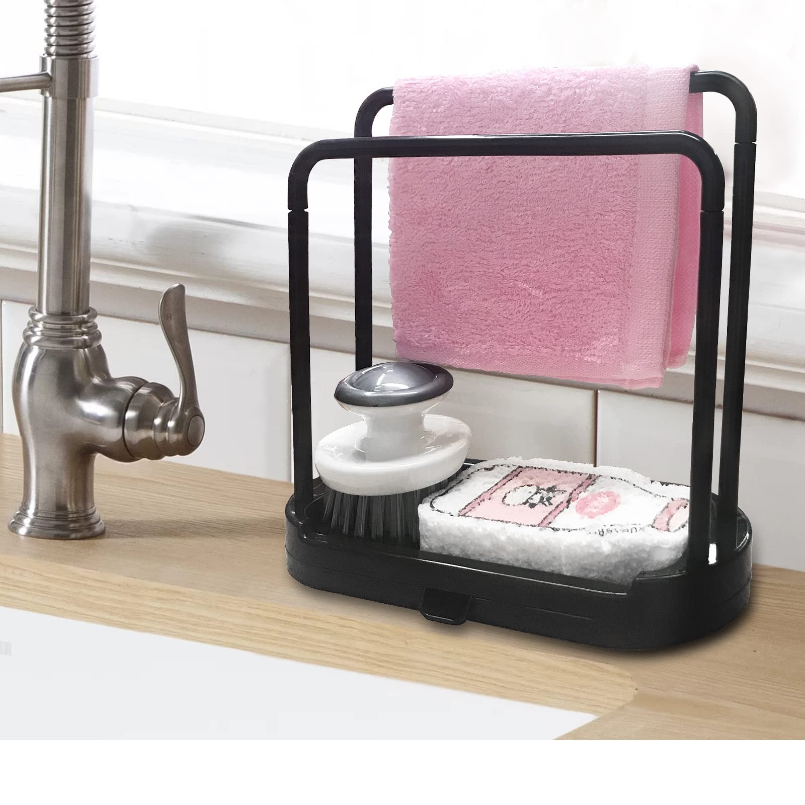 3 in 1 Sponge Holder Sink Caddy, Dish Cloth Hanger + Soap Rack + Sink ,with Drain Pan, for Kitchen Sink or Bathroom Storage,Sponge Brush Soap Dish Dishcloth RackStopper Holder