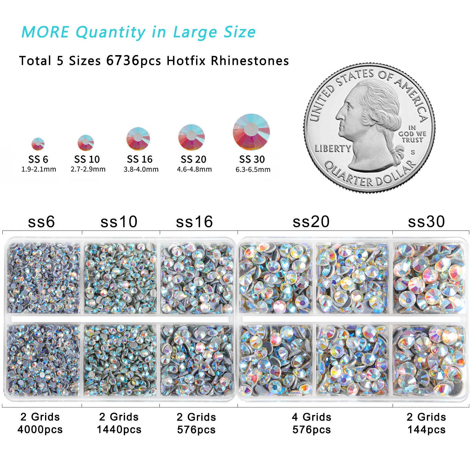 6736pcs Hotfix Rhinestones Flatback,AB Crystal Rhinestones for Crafts Clothes Mixed 5 Sizes, Hotfix Crystals with Tweezers and Wax Pencil Kit, SS6-SS30,Crystal AB
