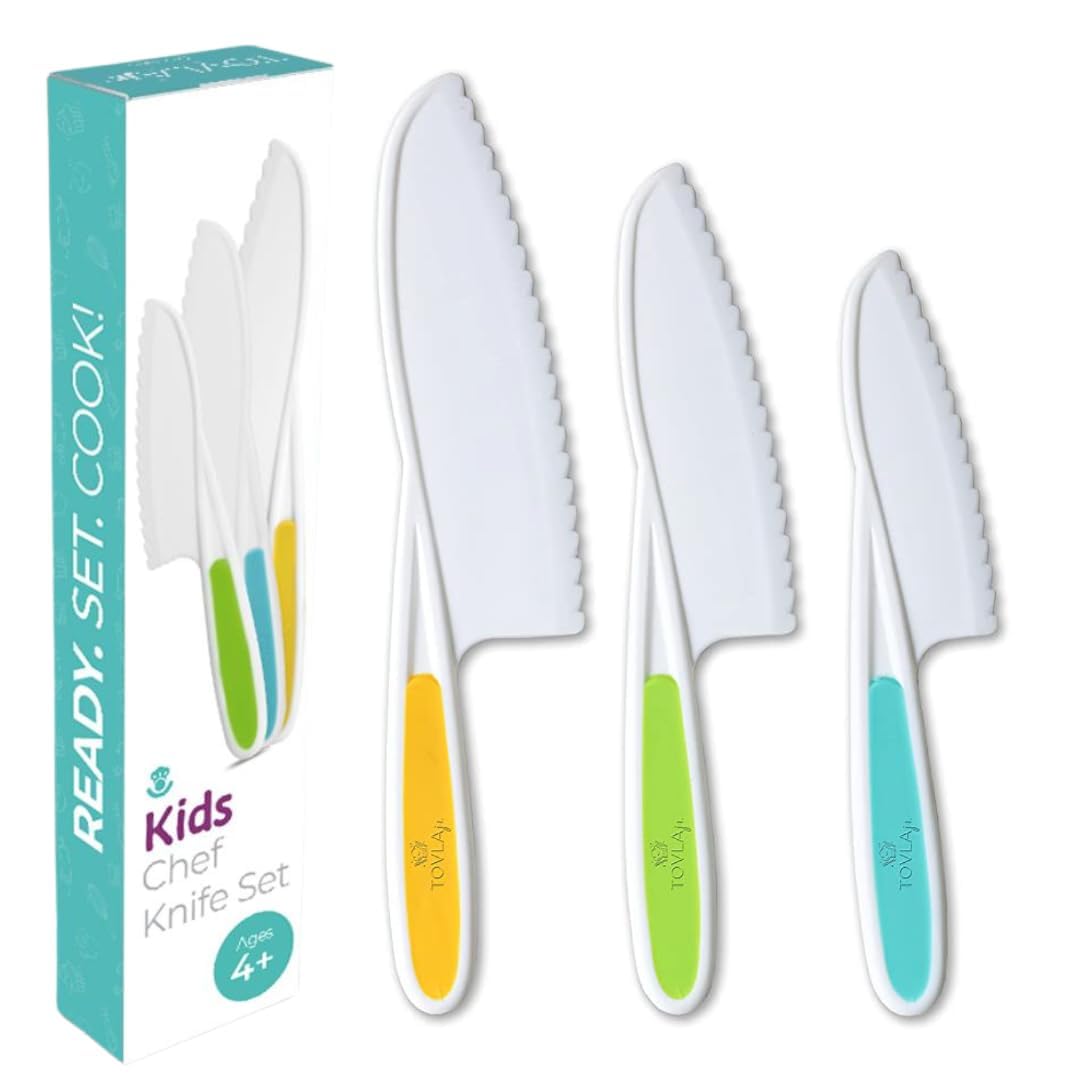 TOVLA JR. Knives for Kids 3-Piece Nylon Kitchen Baking Knife Set: Children's Cooking Knives in 3 Sizes & Colors/Firm Grip, Serrated Edges, BPA-Free Kids' Knives (colors vary for each size knife)