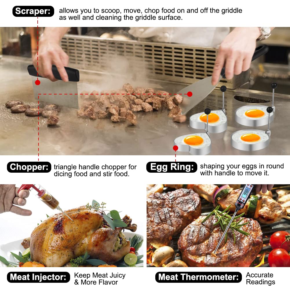 Griddle Accessories Kit, 135 Pcs Griddle Grill Tools Set for Blackstone and Camp Chef, Professional Grill BBQ Spatula Set with Basting Cover, Spatula, Scraper, Bottle, Tongs, Egg Ring