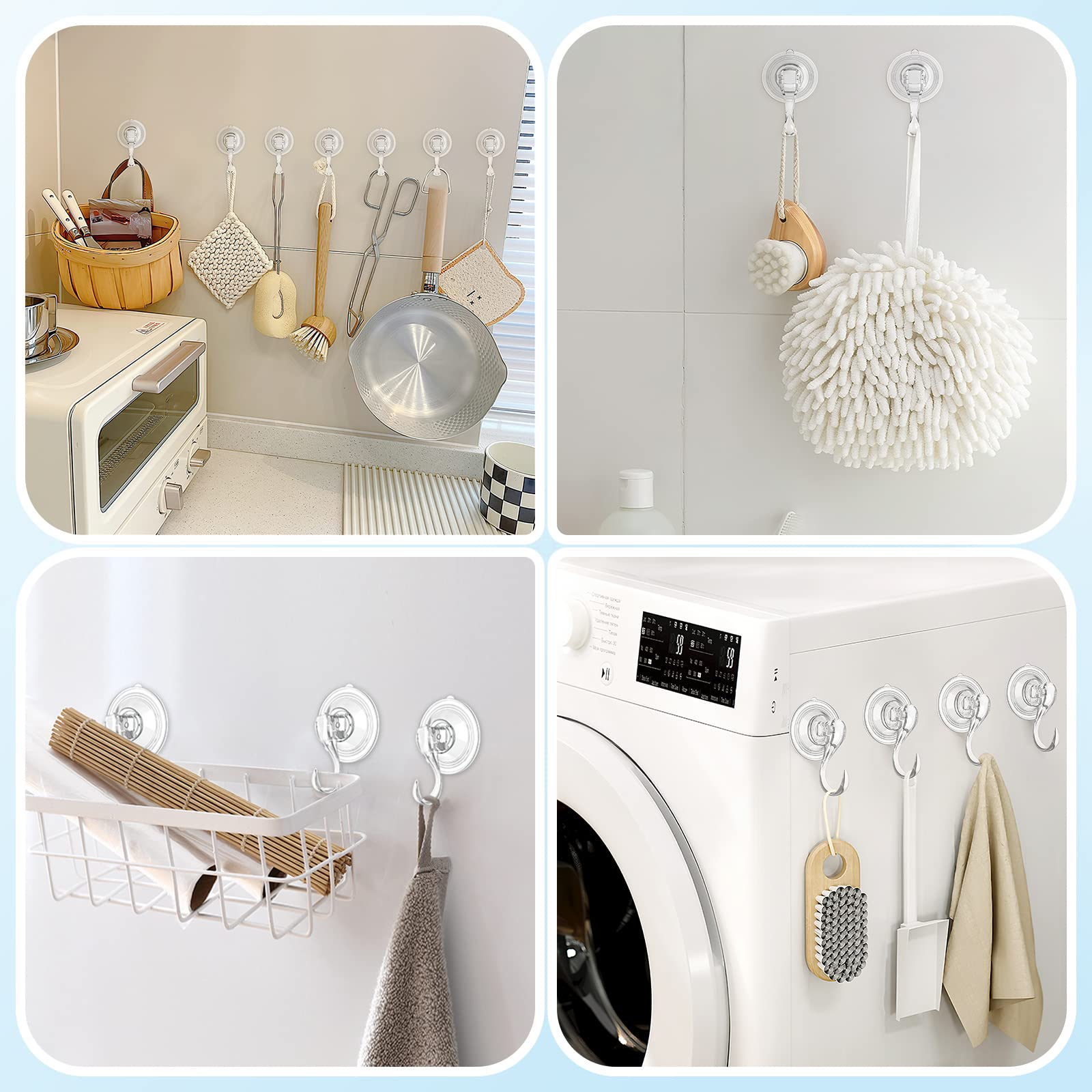 VIS'V Suction Cup Hooks, Small Clear Heavy Duty Vacuum Suction Hooks with Wipes Removable Strong Window Glass Door Kitchen Bathroom Shower Wall Suction Hanger for Towel Loofah Utensils Wreath - 4 Pcs
