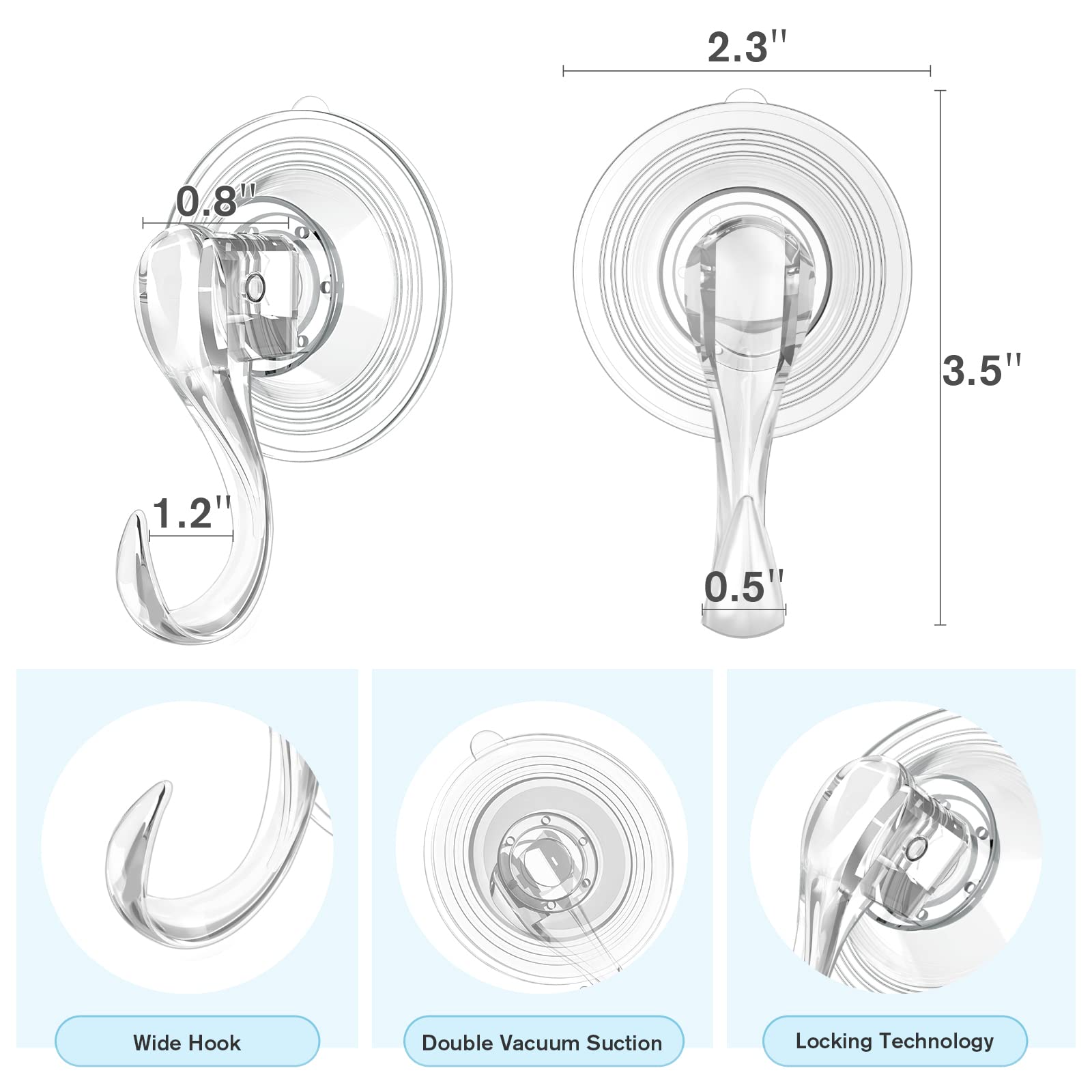 VIS'V Suction Cup Hooks, Small Clear Heavy Duty Vacuum Suction Hooks with Wipes Removable Strong Window Glass Door Kitchen Bathroom Shower Wall Suction Hanger for Towel Loofah Utensils Wreath - 4 Pcs