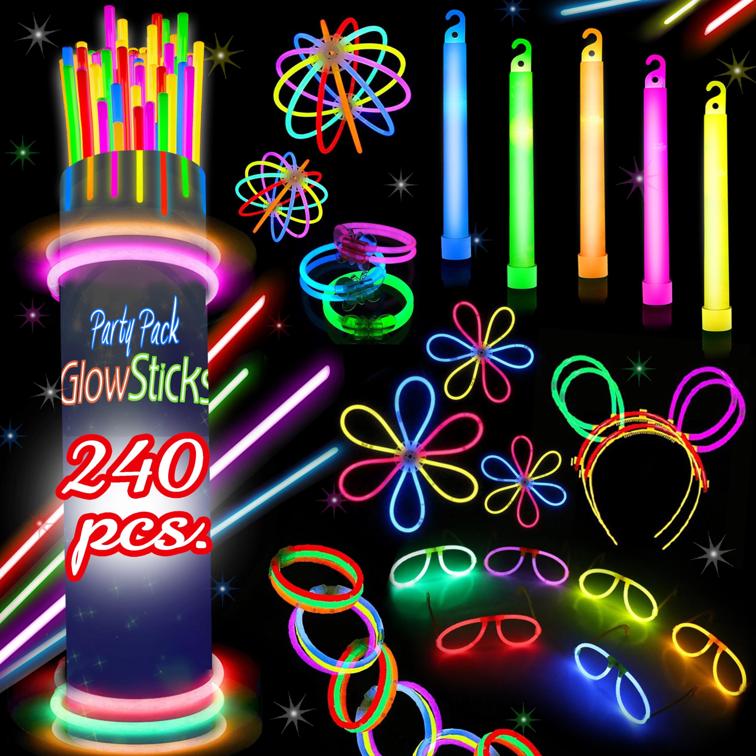 Glow Sticks Party Pack - 240 PCS That Includes, 100 Pcs 8 Inch Glow sticks,10 Pcs Ultra-Bright 6 Inch Glow Sticks, And All Exciting Accessories â Create Glow In The Dark Necklaces, Bracelets, Glasses, Headbands, Balls, Flowers And Much More, Neon Light St