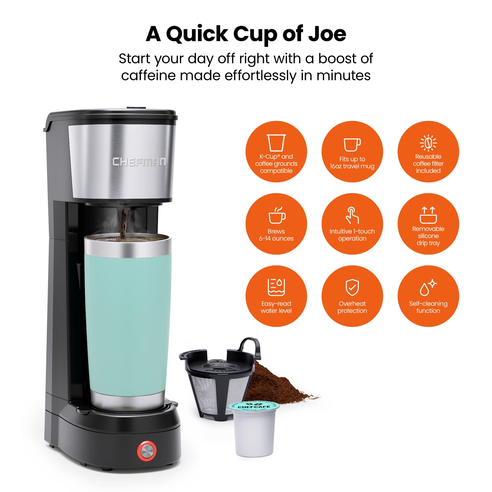 Chefman Single Serve Coffee Maker: K-Cup & Ground Compatible, Single Cup 6-14 oz Portable Drip Coffee Machine with Filter - Perfect for College & Coffee Lovers