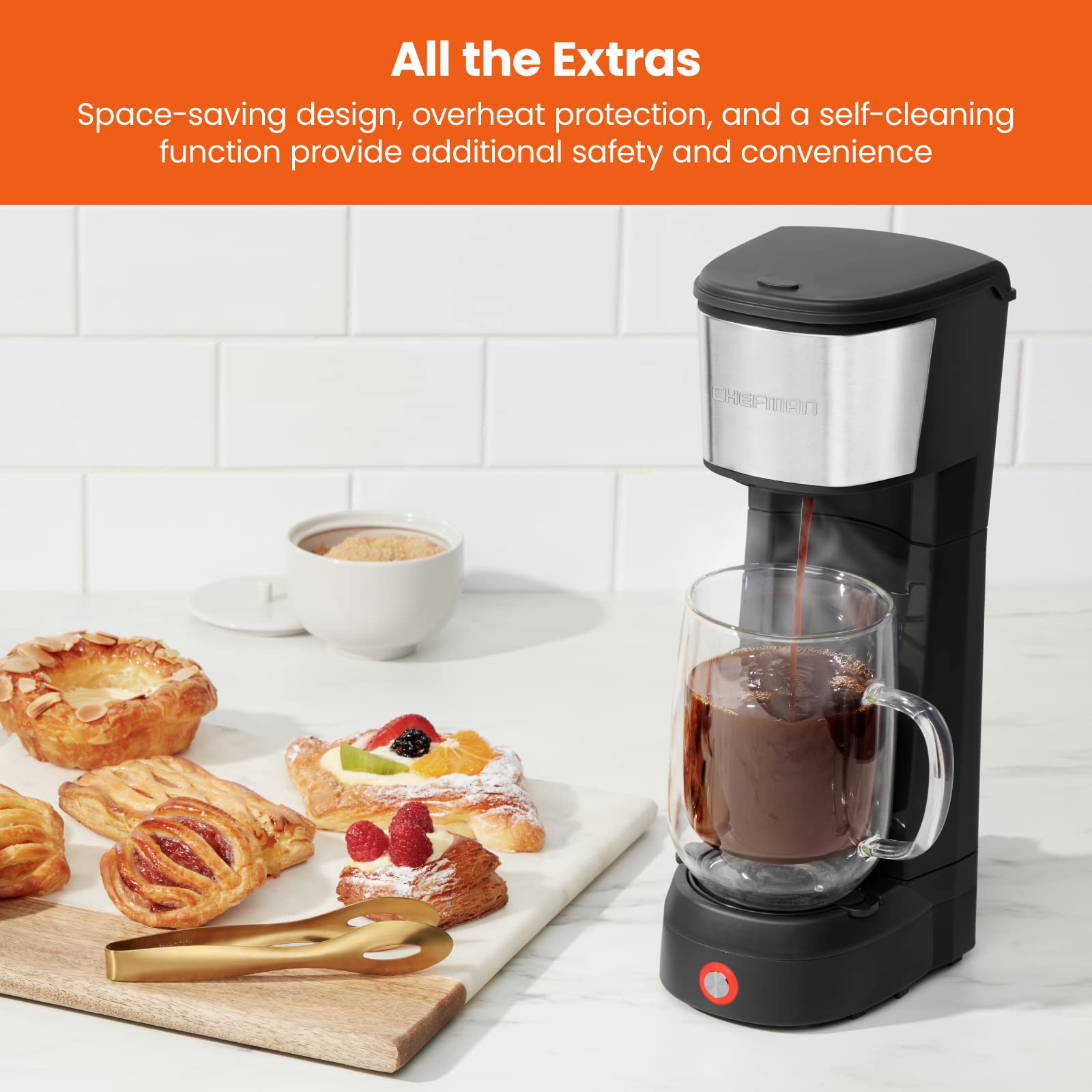 Chefman Single Serve Coffee Maker: K-Cup & Ground Compatible, Single Cup 6-14 oz Portable Drip Coffee Machine with Filter - Perfect for College & Coffee Lovers