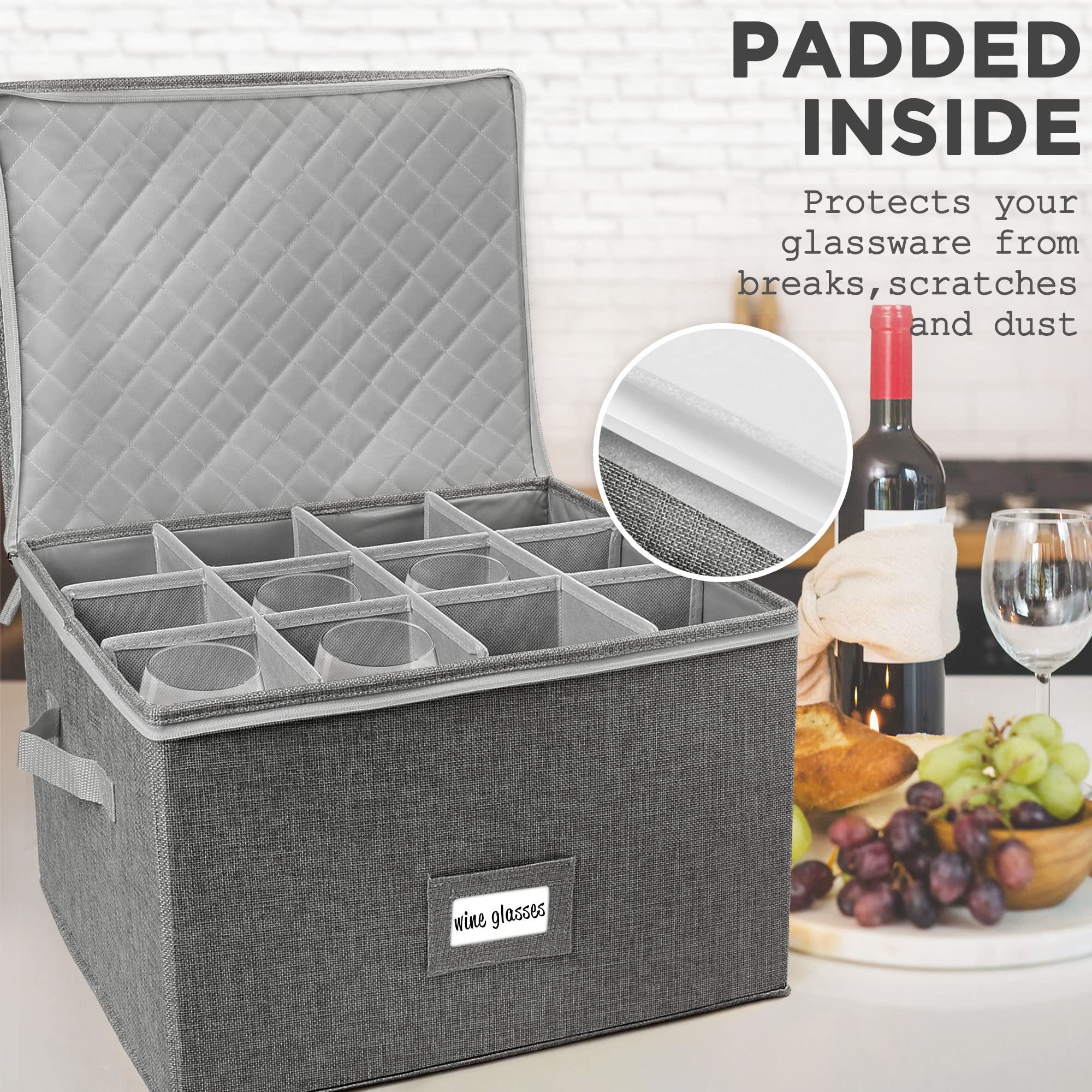 LotFancy Stemware Storage Container, Hard Shell, Stackable Wine Glass Storage Box with Dividers & Handles, Crystal Glassware, Champagne Flute, Drinkware Case for Moving, Grey