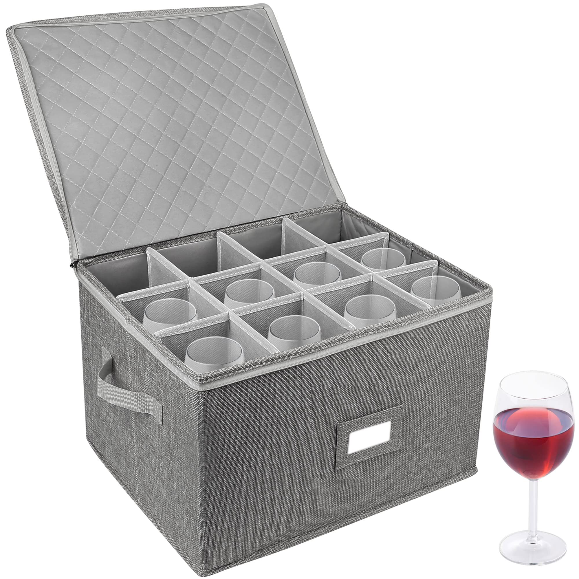 LotFancy Stemware Storage Container, Hard Shell, Stackable Wine Glass Storage Box with Dividers & Handles, Crystal Glassware, Champagne Flute, Drinkware Case for Moving, Grey