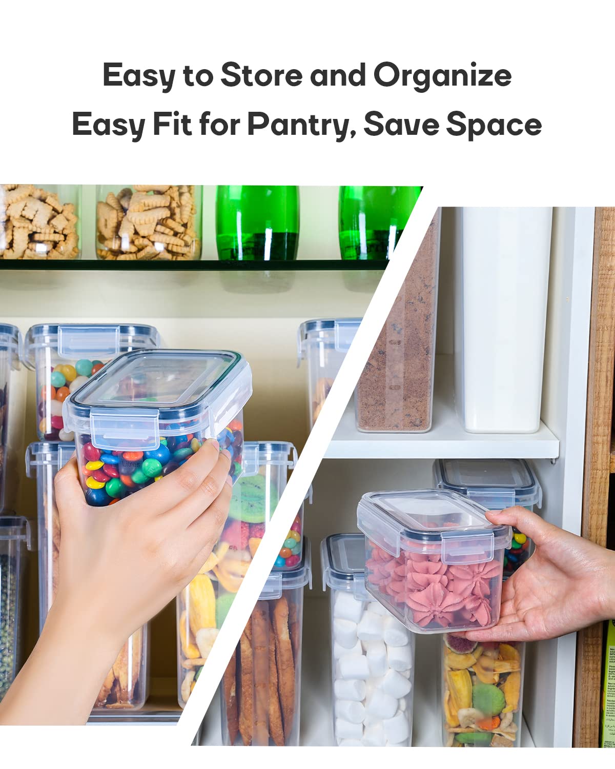 Airtight Food Storage Containers with Lids, Clear Pantry Canister Set for Kitchen Organization, Stackable Organizers for Flour, Sugar, Cereal, Rice, BPA Free Plastic 14-Pack with Different Sizes Dark Gray