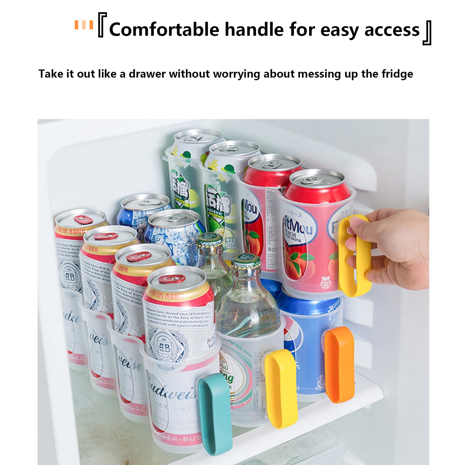 Portable Soda Can Organizer for Refrigerator Shelves,4 compartment beverage storage box, Beer Can Racks,fruit juice drinks,canned food dispenser Refrigerator Storage Sliding Rack