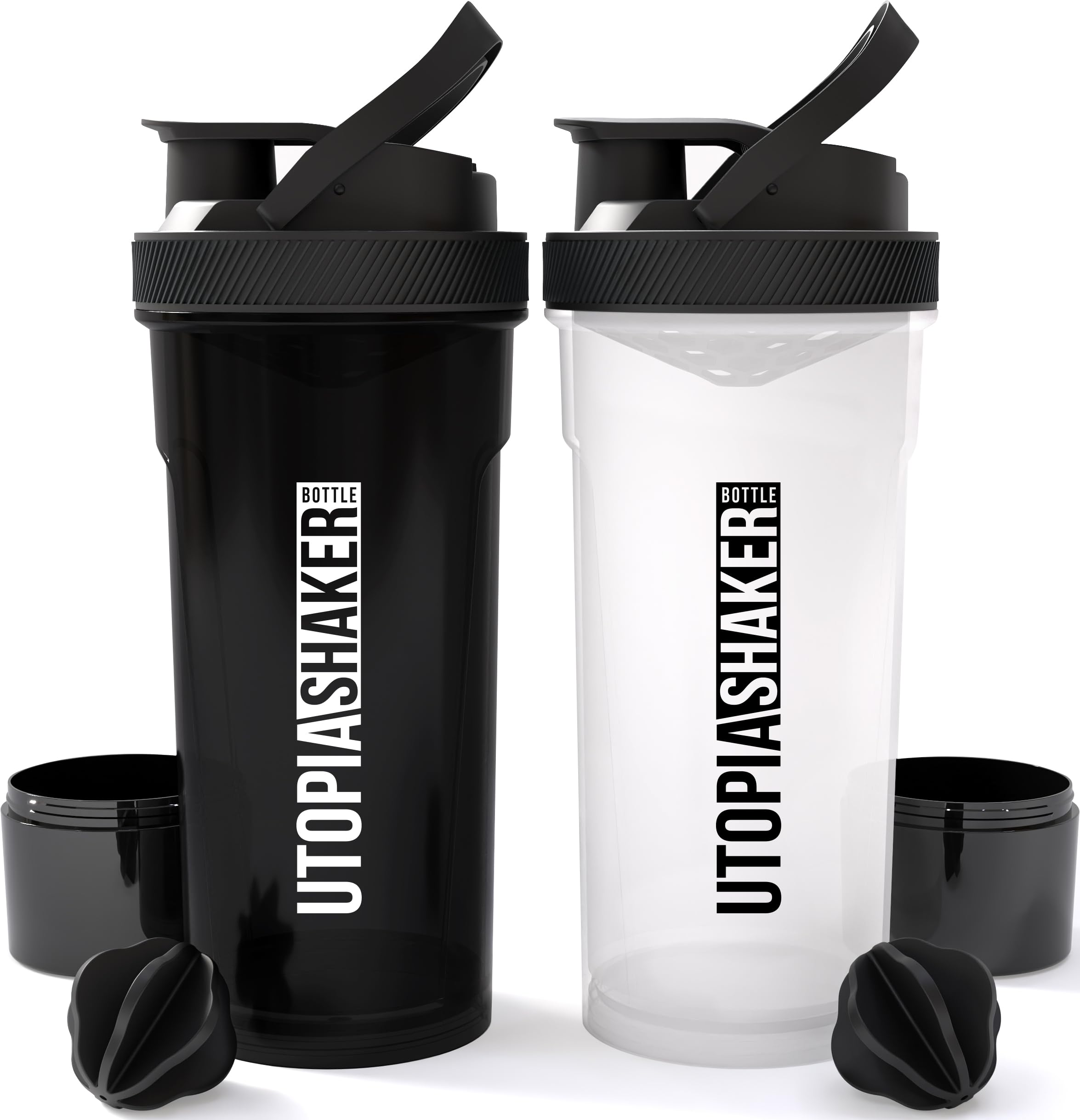 Utopia Home 2-Pack Shaker Bottle - 24 Ounce Protein Shaker Bottle for Pre & Post workout drinks - Classic Protein Mixer Shaker Bottle with Twist and Lock Protein Box Storage(All Black & Clear/Black)