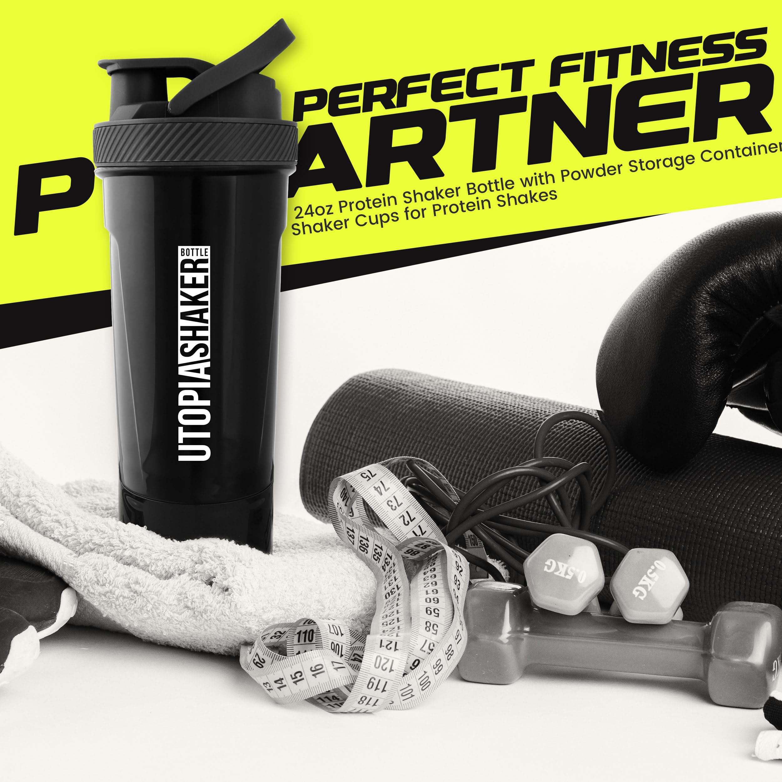 Utopia Home 2-Pack Shaker Bottle - 24 Ounce Protein Shaker Bottle for Pre & Post workout drinks - Classic Protein Mixer Shaker Bottle with Twist and Lock Protein Box Storage(All Black & Clear/Black)