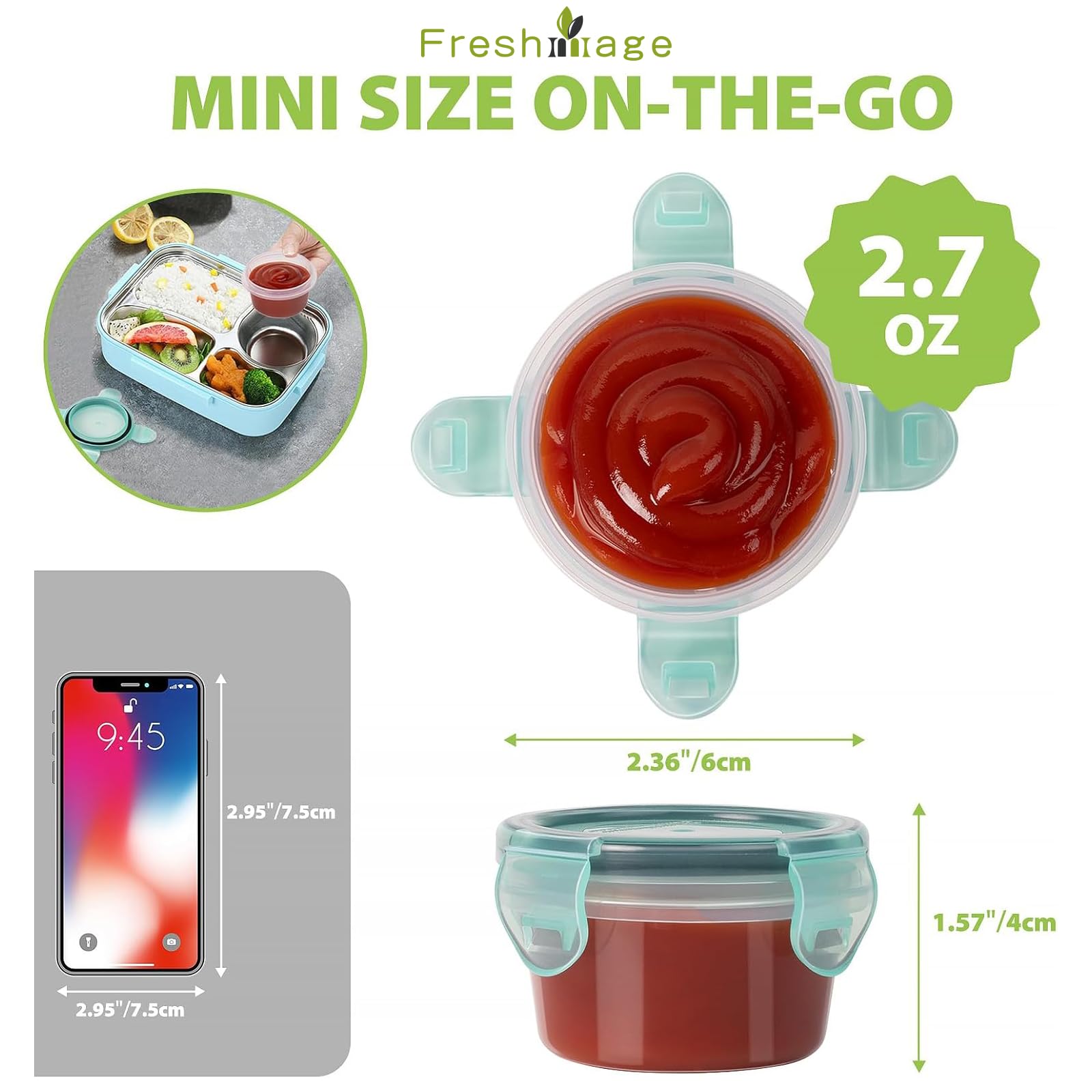 Freshmage Condiment Containers with Lids, 6 Pack 2.7 oz Reusable Leakproof Salad Dressing Container To Go Mini Meal Prep Sauce Cups