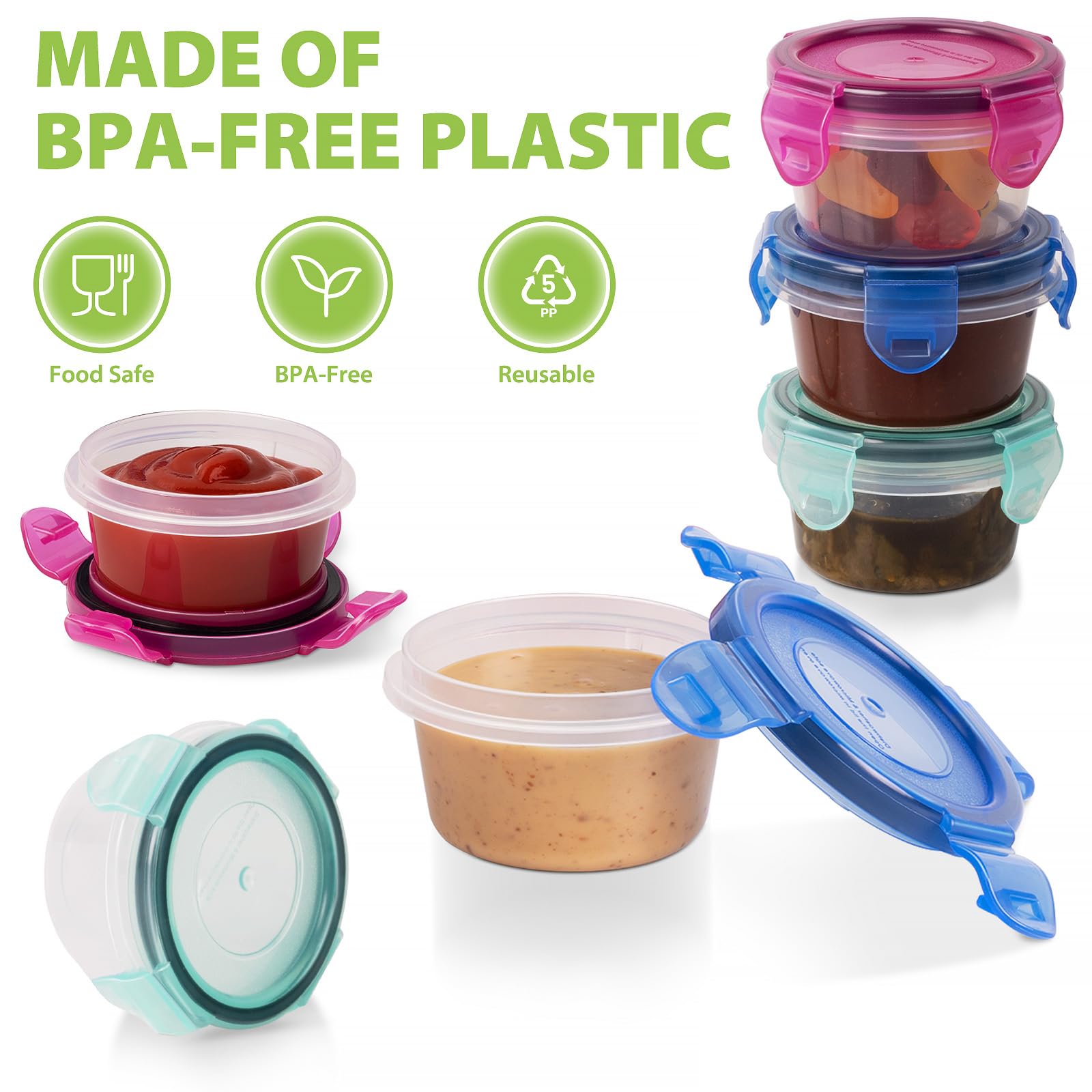 Freshmage Condiment Containers with Lids, 6 Pack 2.7 oz Reusable Leakproof Salad Dressing Container To Go Mini Meal Prep Sauce Cups