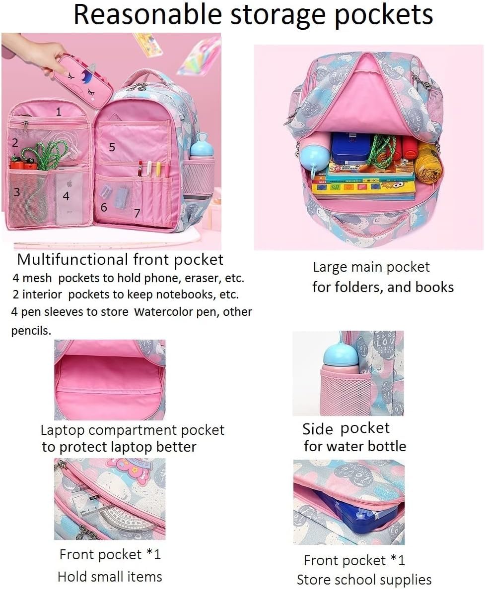 ETAISHOW Girls Heart-Print Backpack for School Elementary Kids School Bag Waterproof Bookbag Lightweight