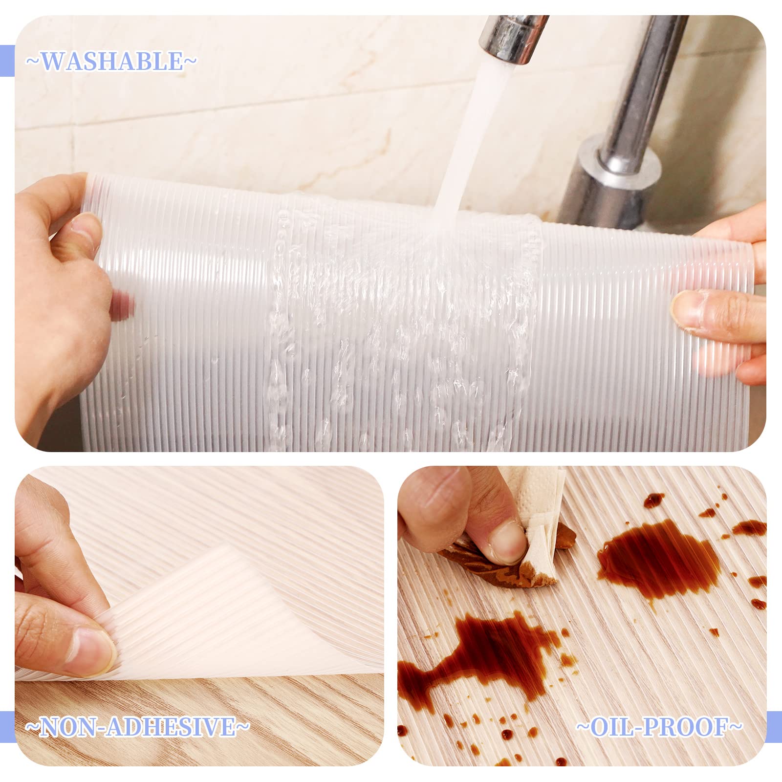 Shelf Liner for Kitchen Cabinets, 12 Inch x 20 Ft x 2 Rolls, Non-Slip Cabinet Liner, Non Adhesive Drawer Liner, Refrigerator Liners, Washable Oil-Proof Mat for Shelves (Transparent Stripe)