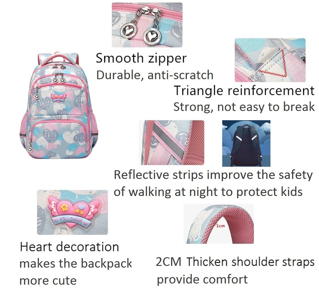 ETAISHOW Girls Heart-Print Backpack for School Elementary Kids School Bag Waterproof Bookbag Lightweight