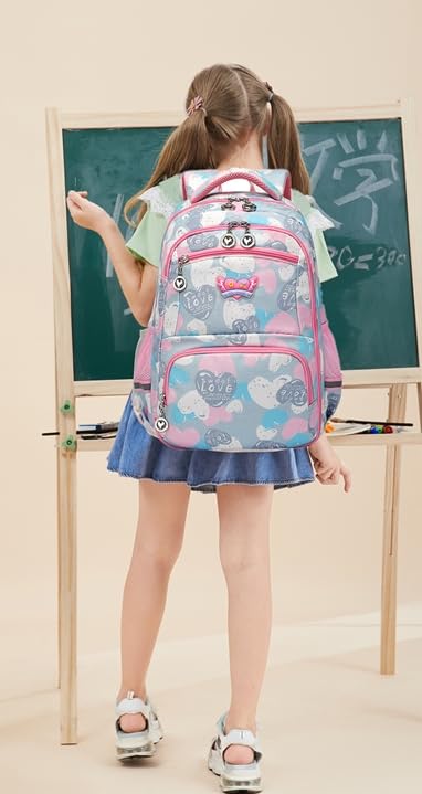 ETAISHOW Girls Heart-Print Backpack for School Elementary Kids School Bag Waterproof Bookbag Lightweight