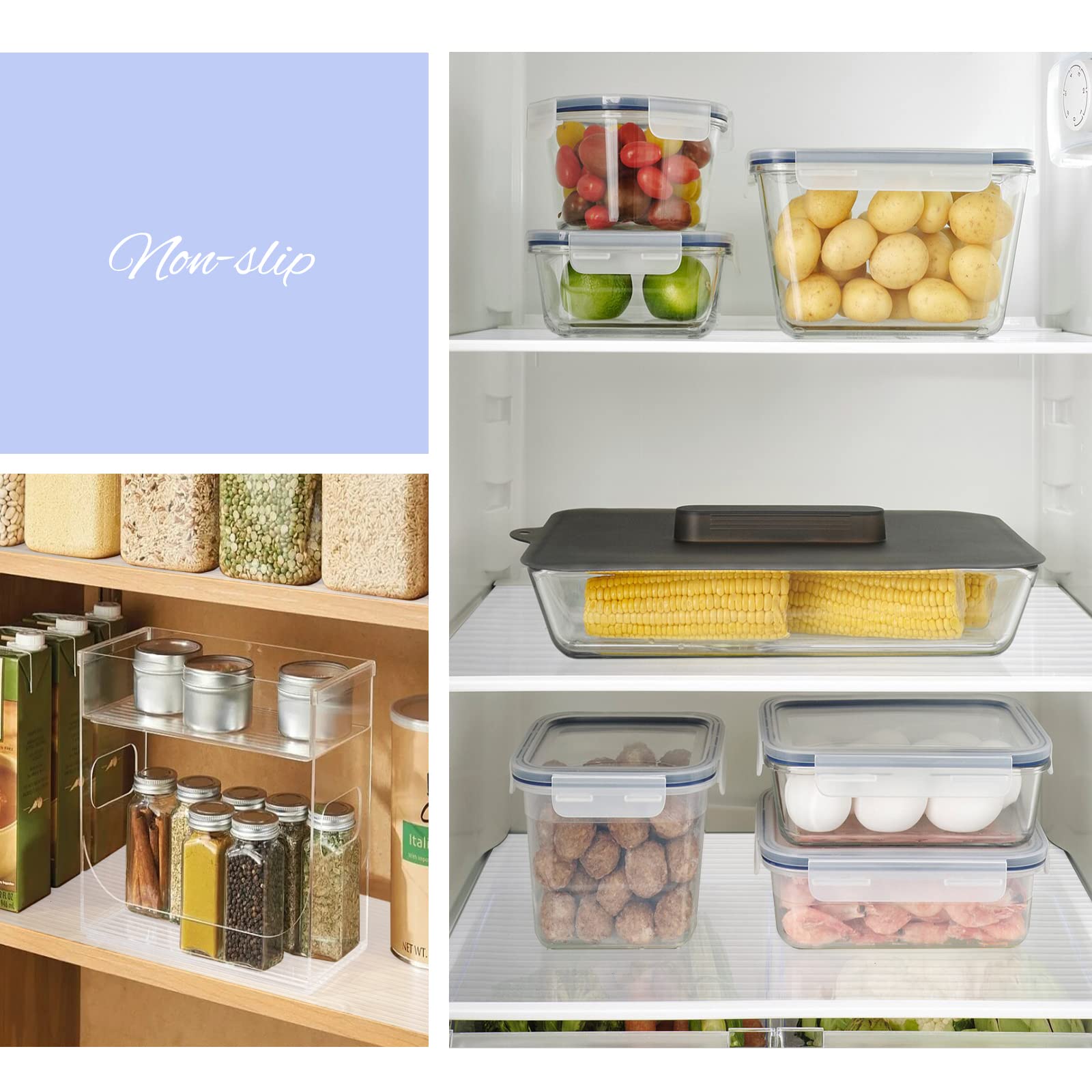 Shelf Liner for Kitchen Cabinets, 12 Inch x 20 Ft x 2 Rolls, Non-Slip Cabinet Liner, Non Adhesive Drawer Liner, Refrigerator Liners, Washable Oil-Proof Mat for Shelves (Transparent Stripe)