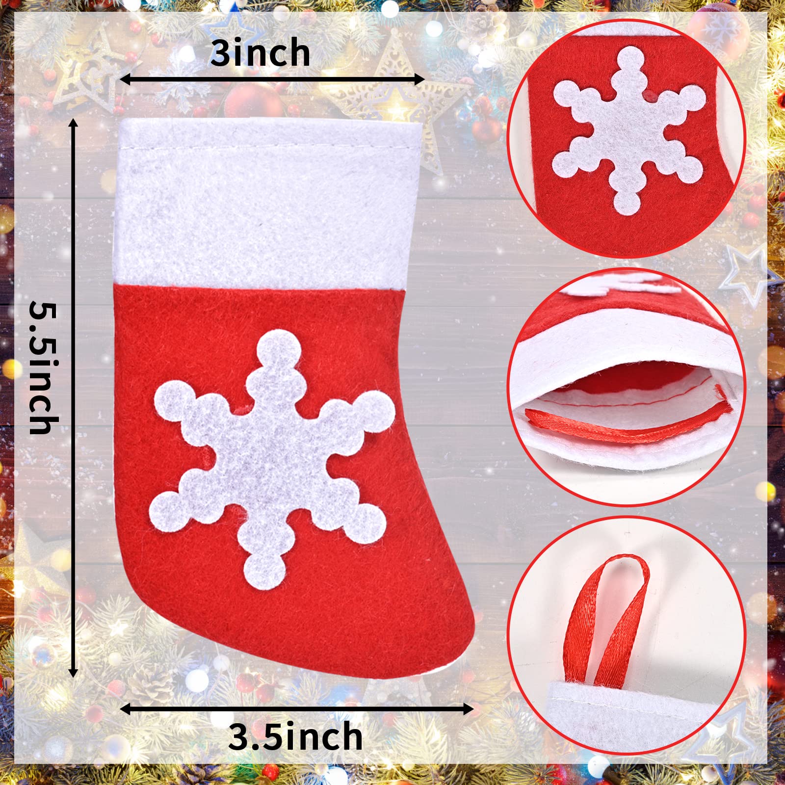FUSHENMU 24 Pack Mini Christmas Stockings Felt Snowflake Xmas Stocking Red Sock Tableware Knife Spoon Fork Bag Candy Pouch Bag for Xmas Party Tree Dinner Table Home Ornaments