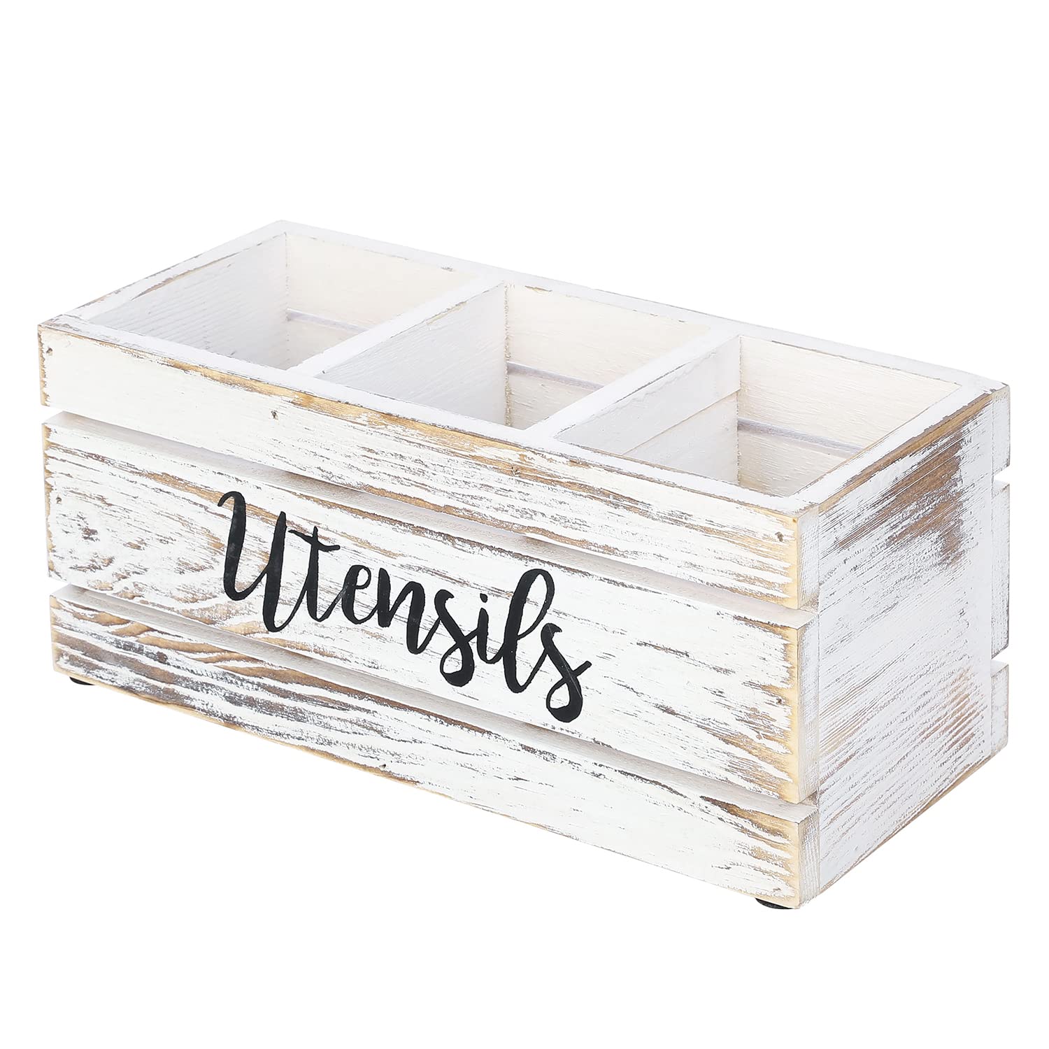 MyGift White Washed Solid Wood Farmhouse Kitchen Utensil Holder for Countertop with 3 Compartments and Stenciled UTENSILS Design, Flatware Organizer Holder