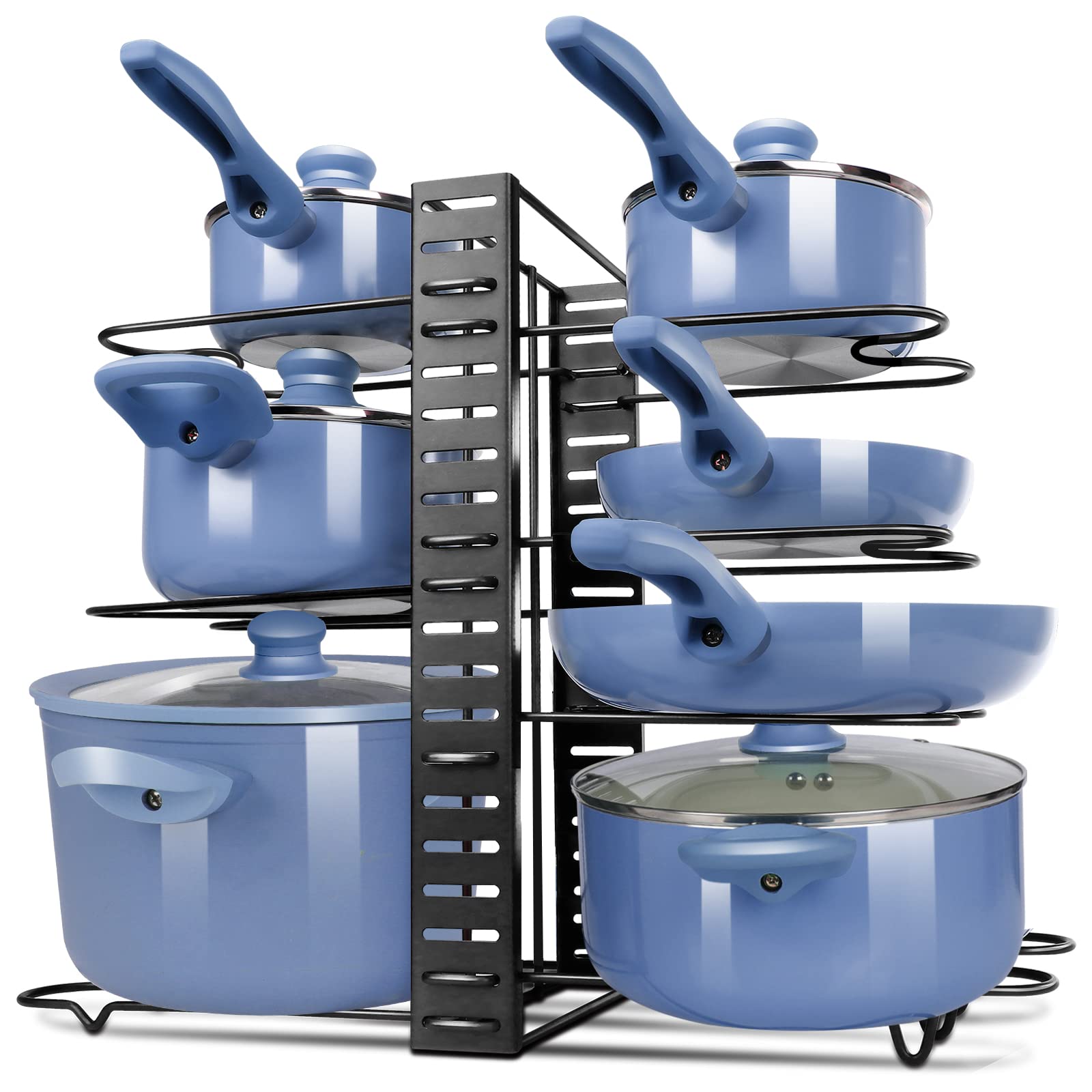 Almcmy Pan Organizer Rack,Pot Rack with 3 DIY Methods,Adjustable Pots and Pans Organizer with 8 Tiers,Heavy Duty Pot Organizer for Kitchen Organization Storage,Send a Cleaning Cloth