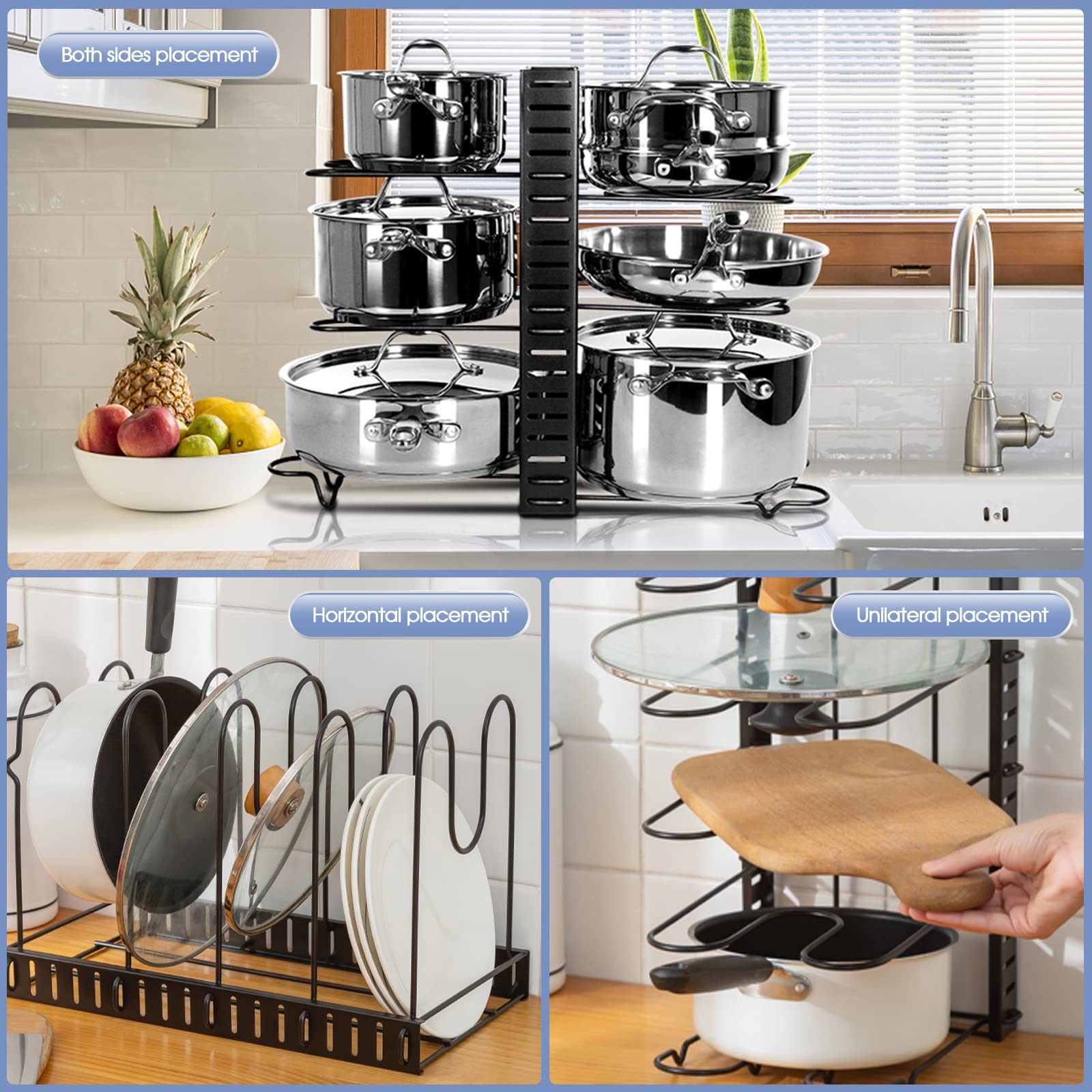 Almcmy Pan Organizer Rack,Pot Rack with 3 DIY Methods,Adjustable Pots and Pans Organizer with 8 Tiers,Heavy Duty Pot Organizer for Kitchen Organization Storage,Send a Cleaning Cloth