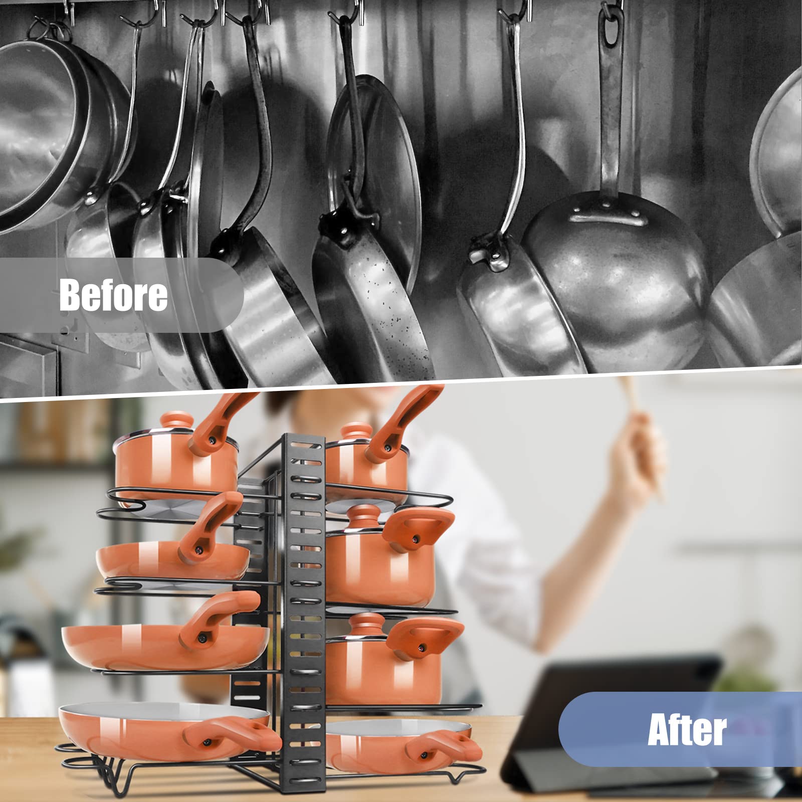 Almcmy Pan Organizer Rack,Pot Rack with 3 DIY Methods,Adjustable Pots and Pans Organizer with 8 Tiers,Heavy Duty Pot Organizer for Kitchen Organization Storage,Send a Cleaning Cloth