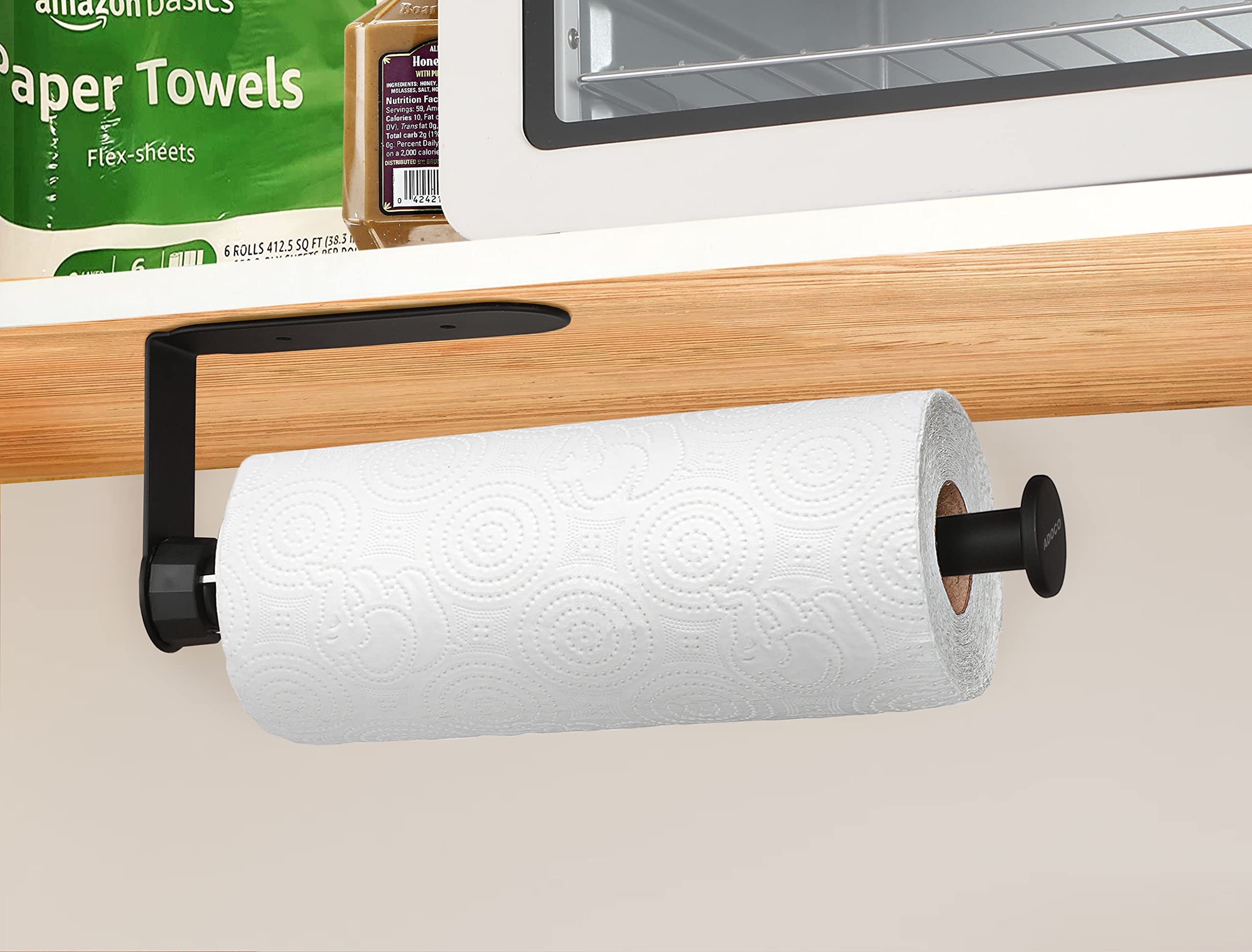 Adoco Paper Towel Holder Under Cabinet, Simply Tear Paper Towel Holder Countertop, Black Wall Mount Paper Towel Holder, Adhesive or Screw for Kitchen Bathroom