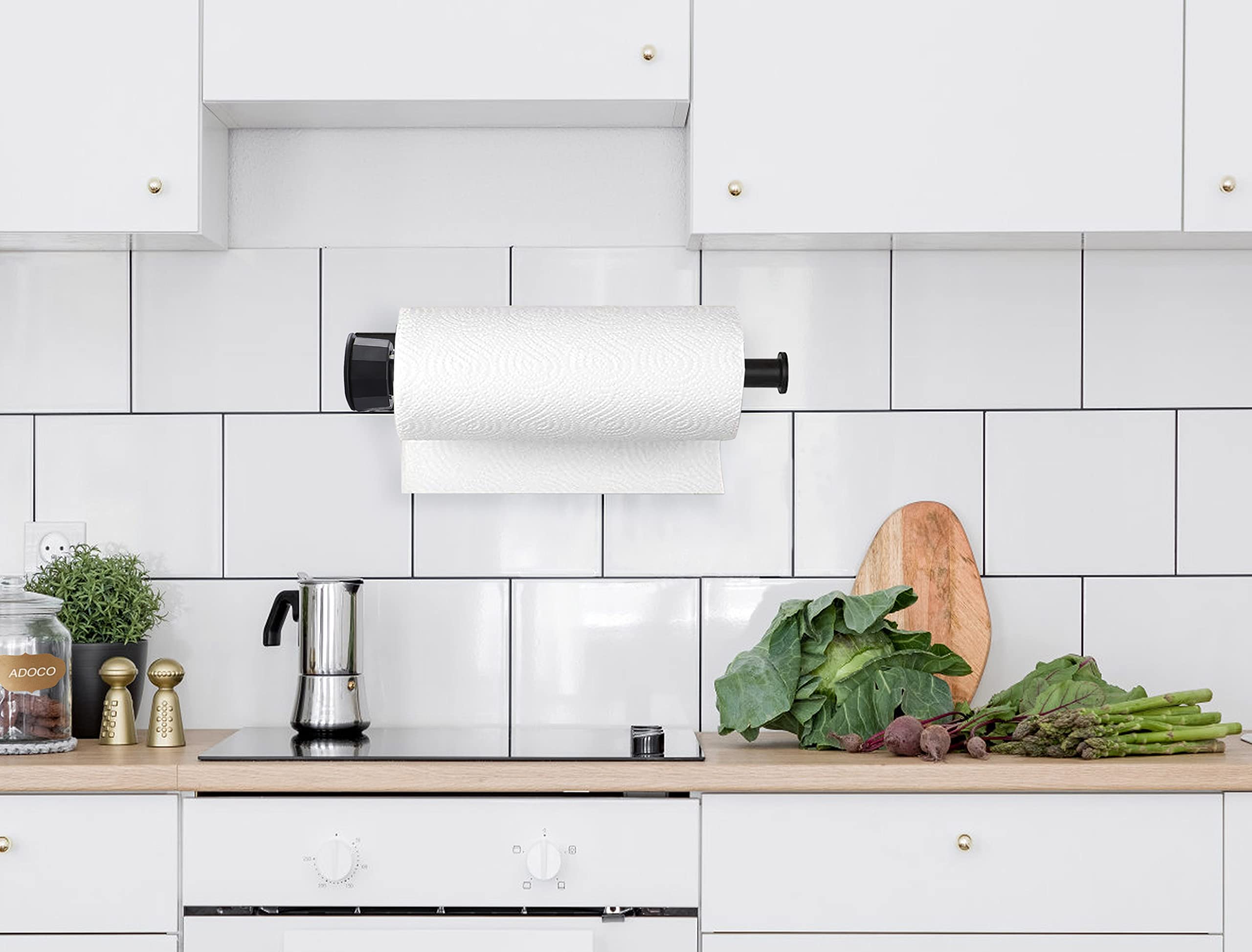 Adoco Paper Towel Holder Under Cabinet, Simply Tear Paper Towel Holder Countertop, Black Wall Mount Paper Towel Holder, Adhesive or Screw for Kitchen Bathroom