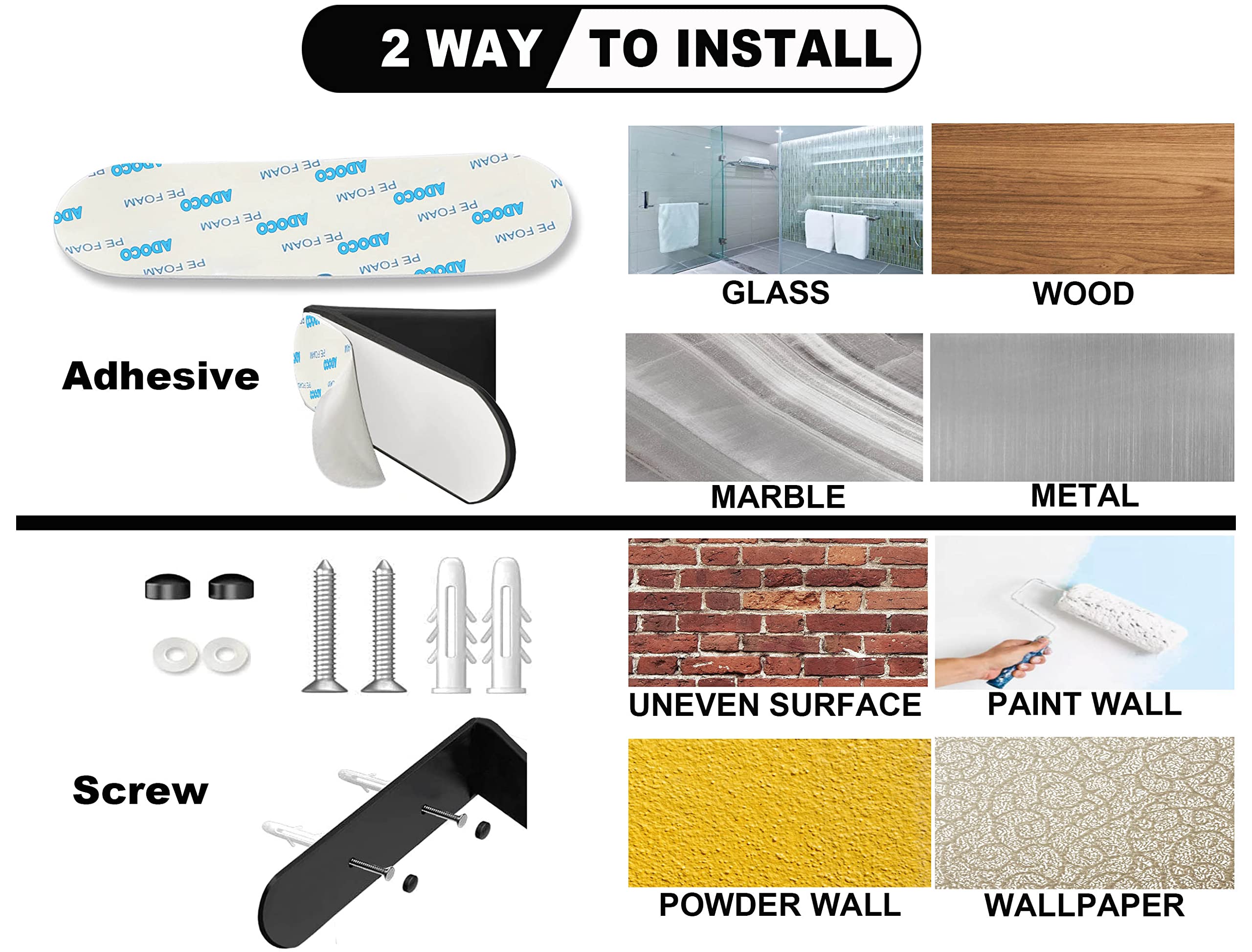 Adoco Paper Towel Holder Under Cabinet, Simply Tear Paper Towel Holder Countertop, Black Wall Mount Paper Towel Holder, Adhesive or Screw for Kitchen Bathroom