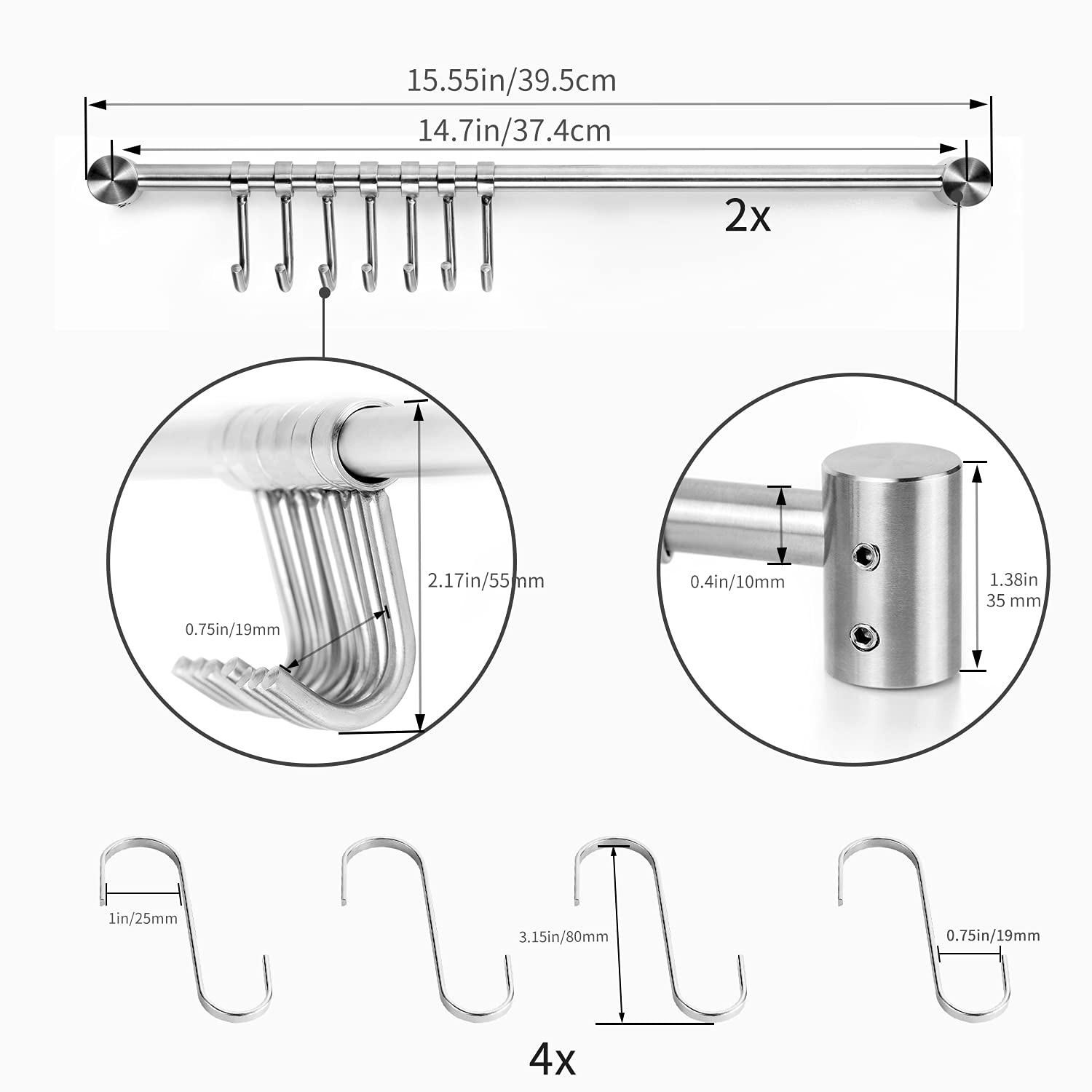 Kitchen Utensil Rack 2 Pack, Audmore 15.6 Inch Pots and Pans Hanging Rack Wall Mounted, 304 Stainless Steel Lid Cooking Utensil Hanger, 7 Sliding Hooks for Spatula Spoon, Measuring Cups, Coffee Mug