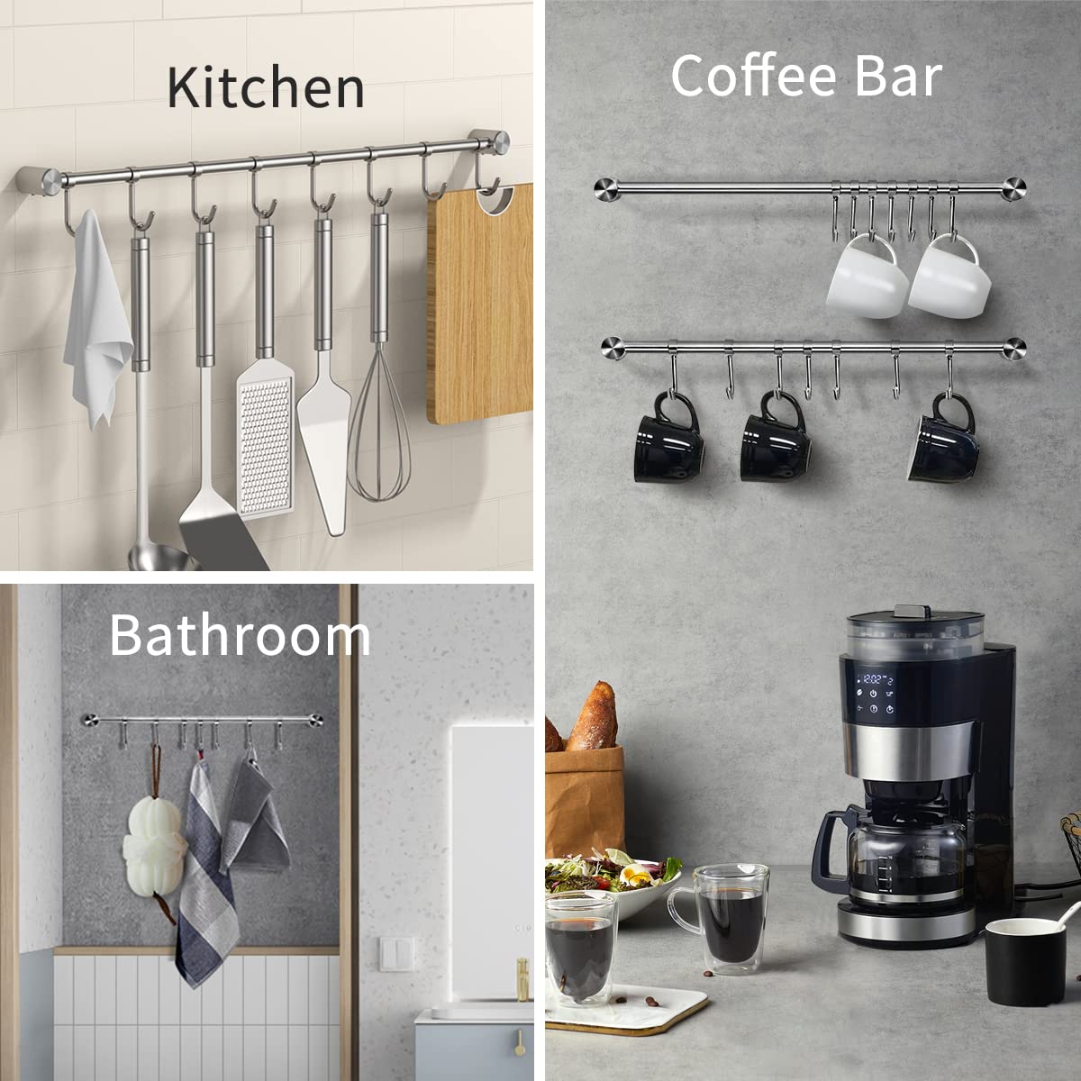 Kitchen Utensil Rack 2 Pack, Audmore 15.6 Inch Pots and Pans Hanging Rack Wall Mounted, 304 Stainless Steel Lid Cooking Utensil Hanger, 7 Sliding Hooks for Spatula Spoon, Measuring Cups, Coffee Mug