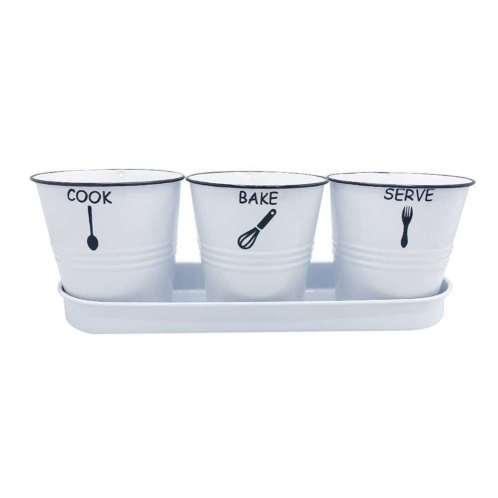 Hydrone Design Metal Utensil Holder Set with Tray, Kitchen Utensil Storage Caddy Flatware Organizer,White Farmhouse Countertop Decor