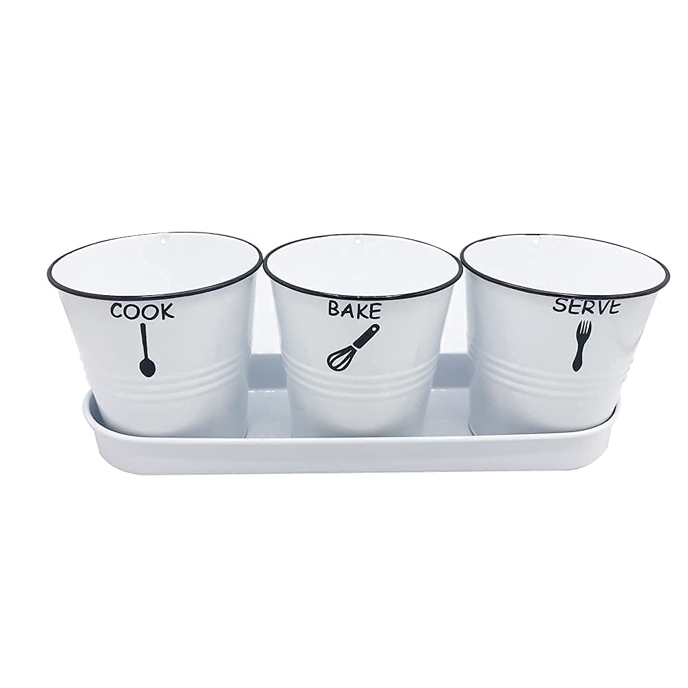 Hydrone Design Metal Utensil Holder Set with Tray, Kitchen Utensil Storage Caddy Flatware Organizer,White Farmhouse Countertop Decor