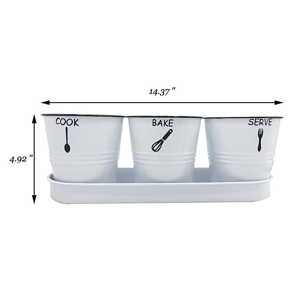 Hydrone Design Metal Utensil Holder Set with Tray, Kitchen Utensil Storage Caddy Flatware Organizer,White Farmhouse Countertop Decor
