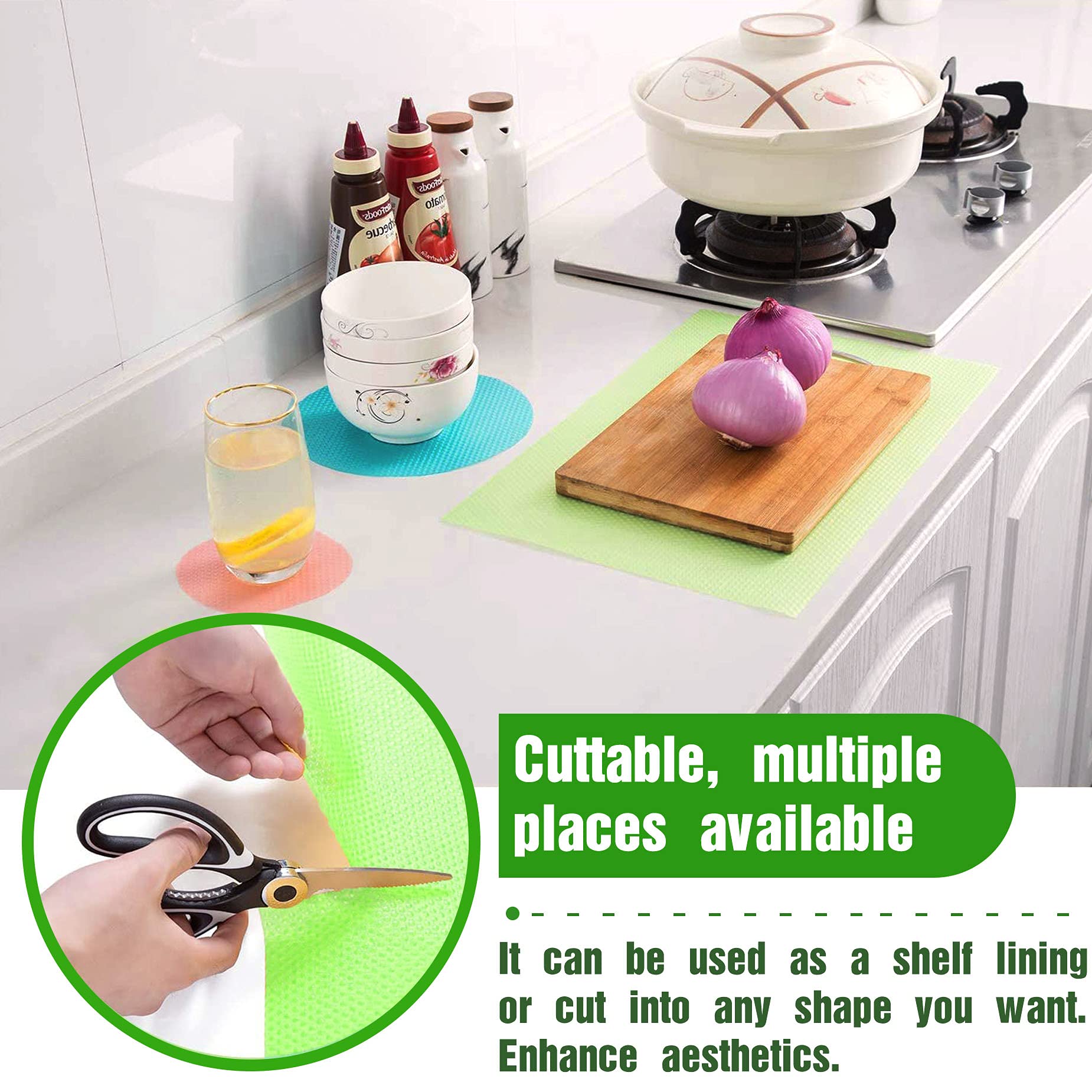 Theshai 8pcs Refrigerator Mats, Waterproof Non-Slip EVA Refrigerator Liner Pads, Can Be Cut Washable Fridge Mat, Also Great for Drawers Shelves Cabinets Storage Kitchen and Placemats