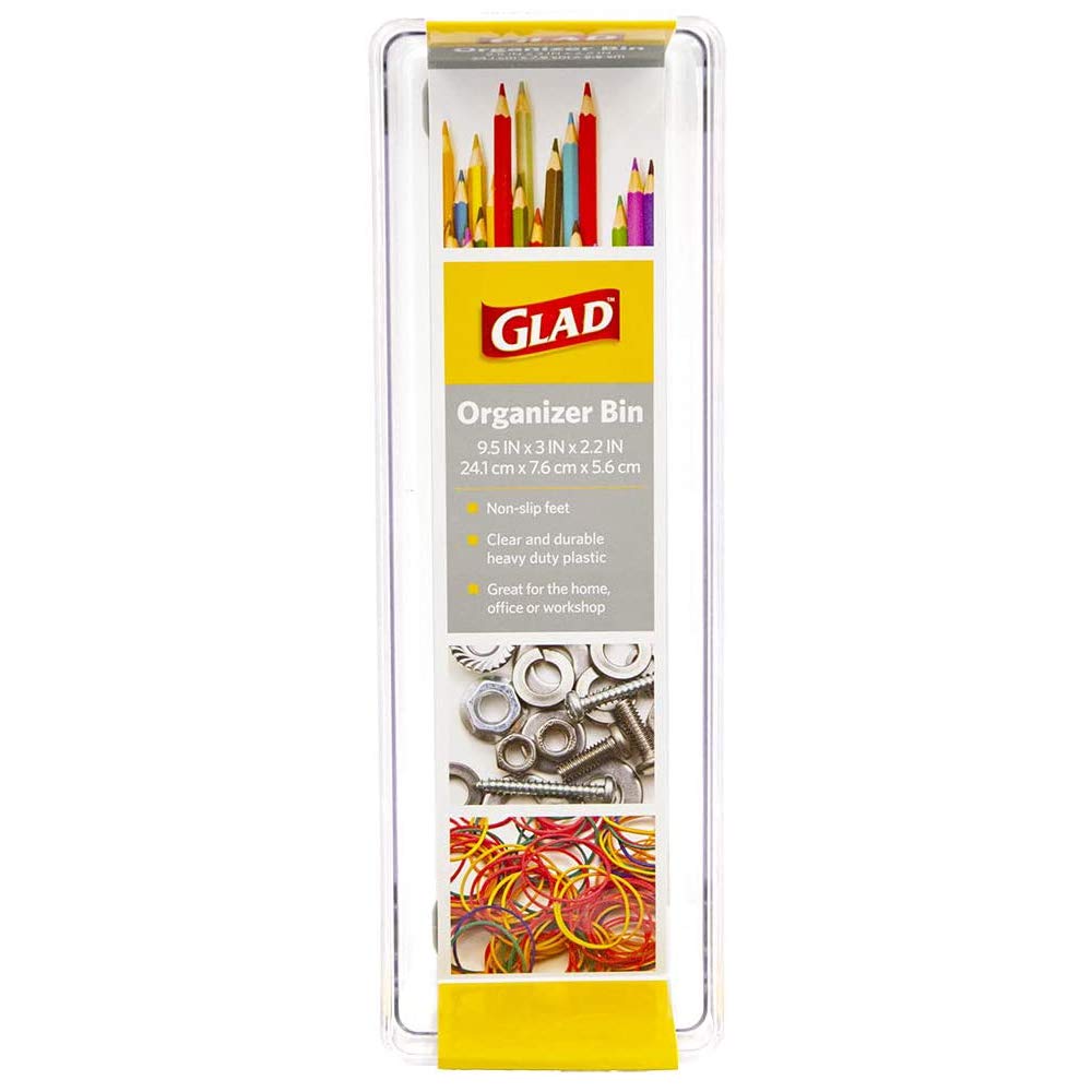 Glad Clear Plastic Organizer Bin – 9.5” x 3” x 2.2” Drawer Storage Tray with Non-Slip Feet