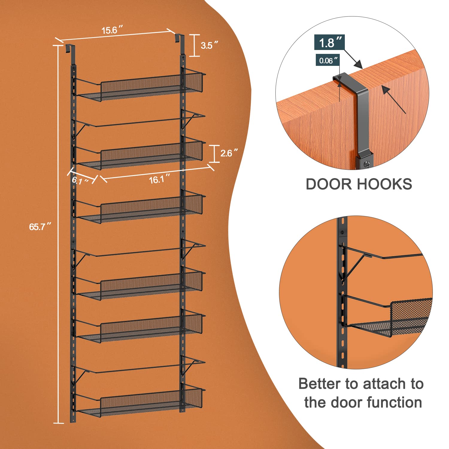 Coonoor 6 Tier Over The Door Pantry Organizer,Adjustable Baskets Closet Organizer Hanging Rack Spice Space Saver,Black