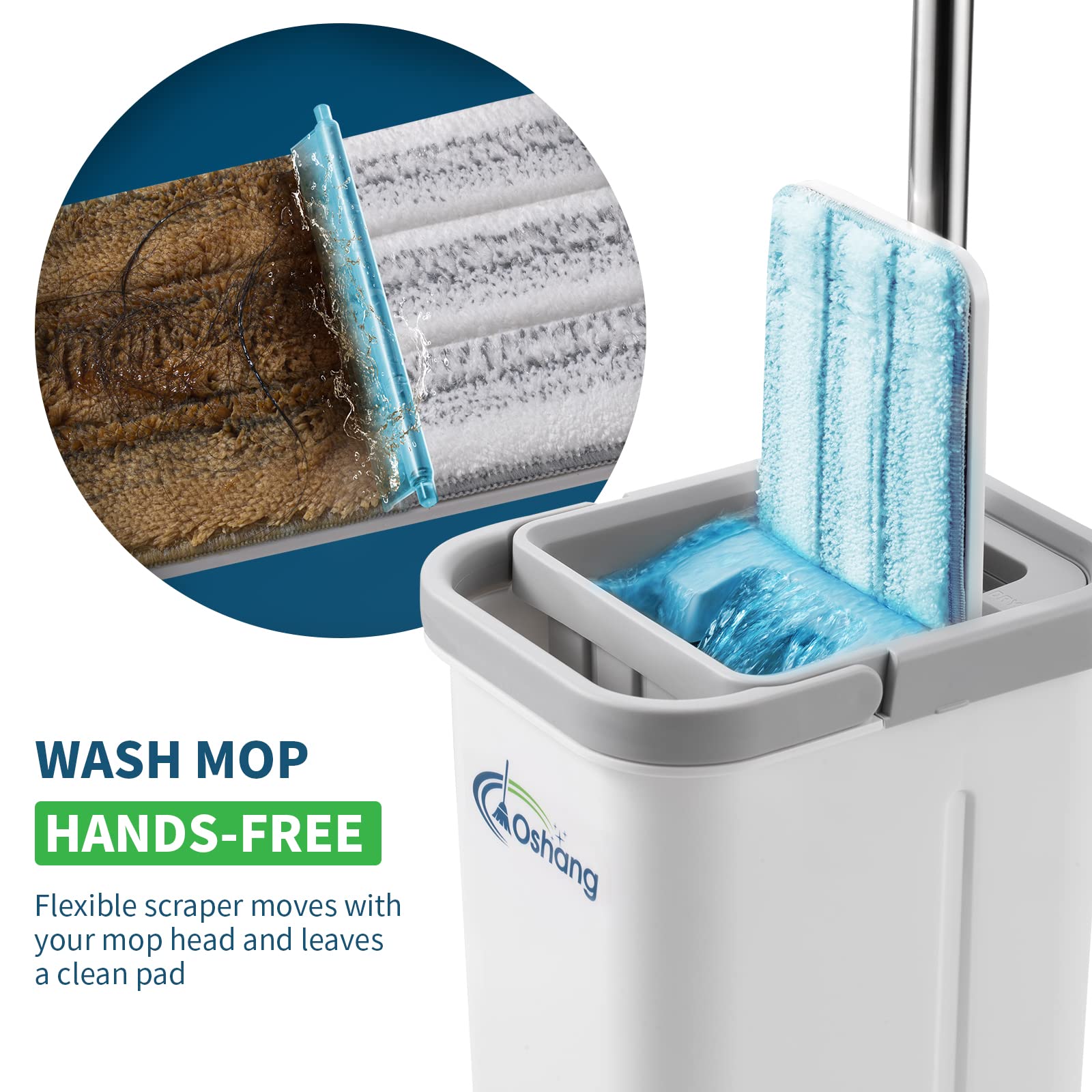 oshang Flat Floor Mop and Bucket Set OG3, Hands Free Home Floor Cleaning System, 60" Long Stainless-Steel Handle, 2 Washable & Reusable Microfiber Mop Heads, Perfect Home Wall Window Kitchen Cleaner