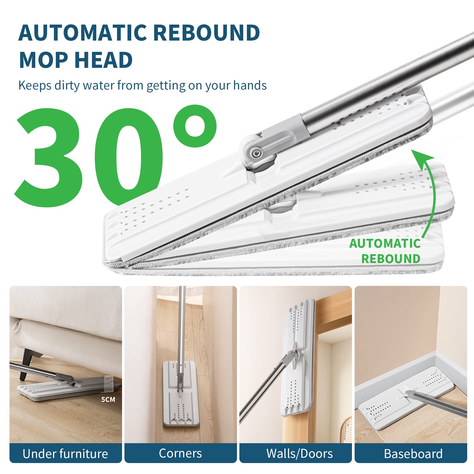 oshang Flat Floor Mop and Bucket Set OG3, Hands Free Home Floor Cleaning System, 60" Long Stainless-Steel Handle, 2 Washable & Reusable Microfiber Mop Heads, Perfect Home Wall Window Kitchen Cleaner